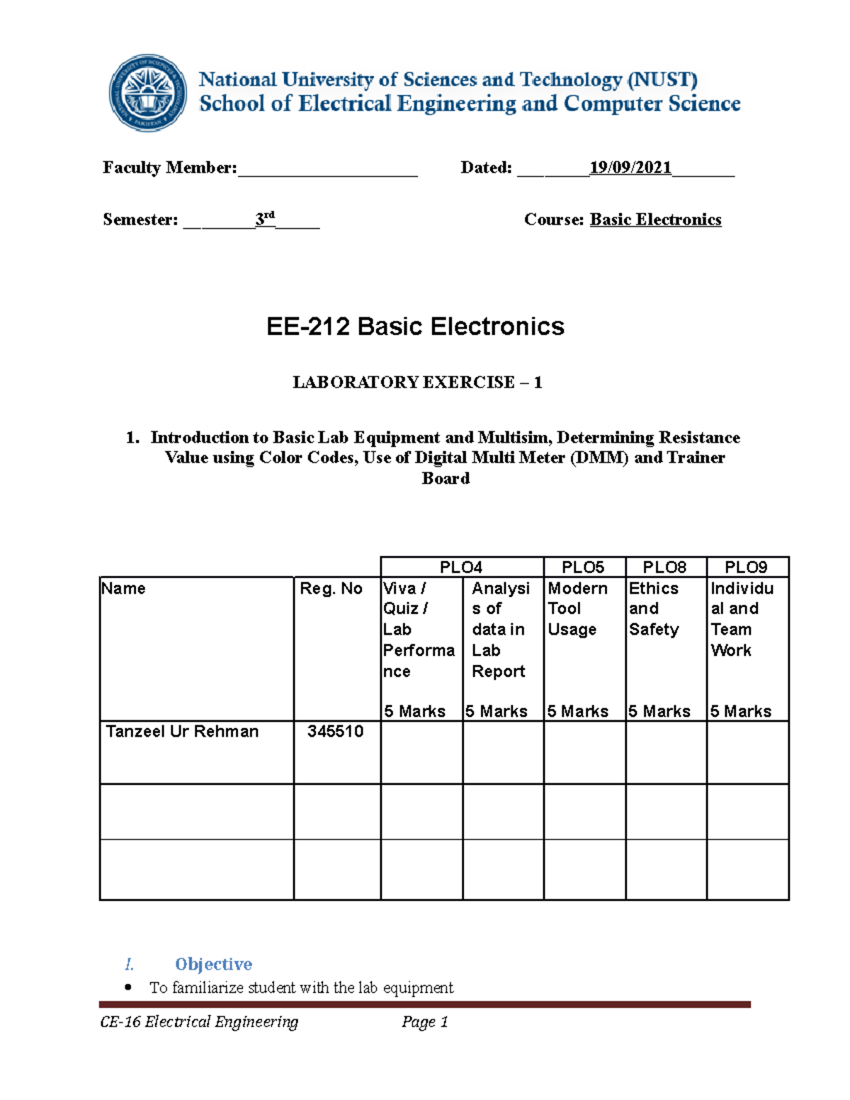 Lab 1 Basic Electronics - Faculty Member:____________________ Dated ...