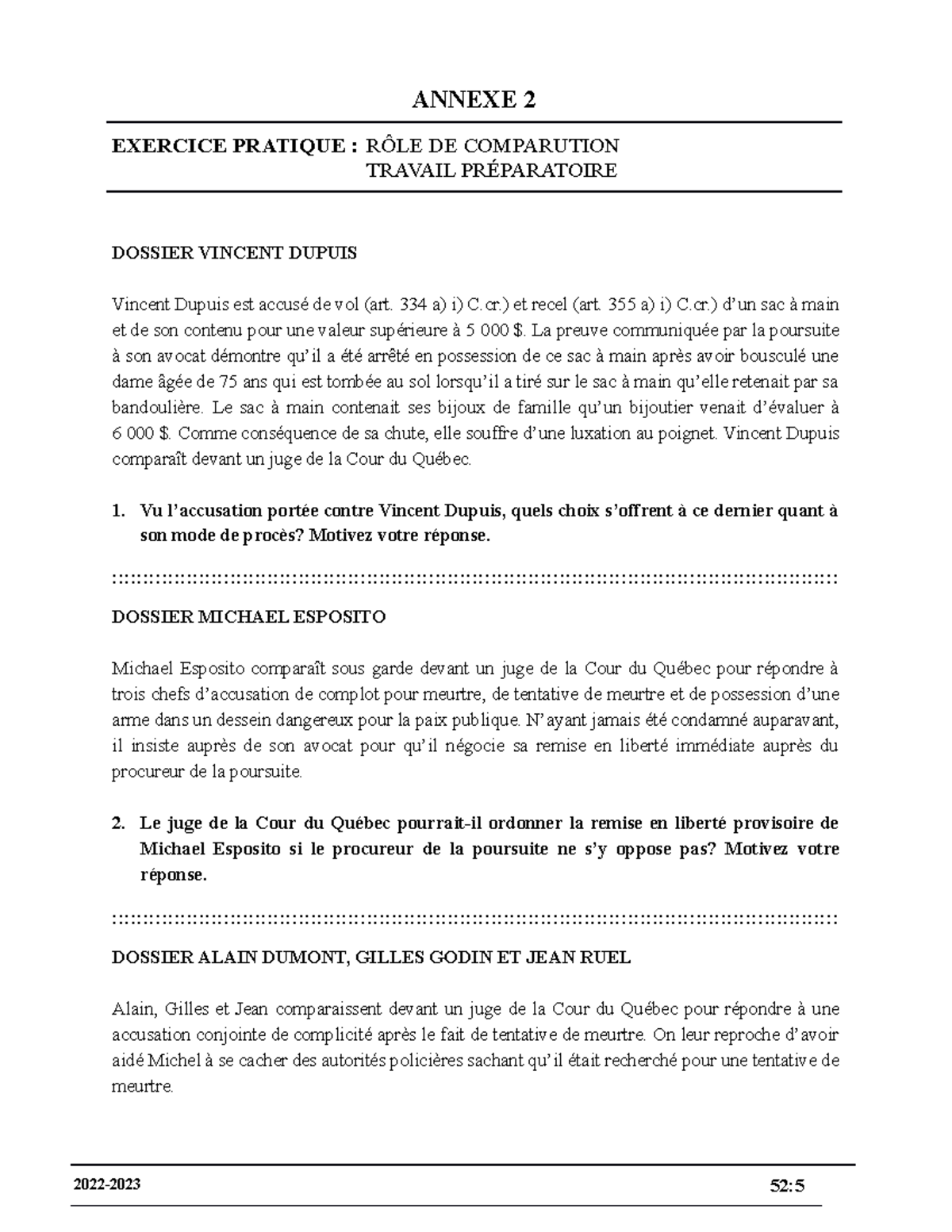 Annexe 2 - Rôle de comparution - ANNEXE 2 EXERCICE PRATIQUE : RÔLE DE ...