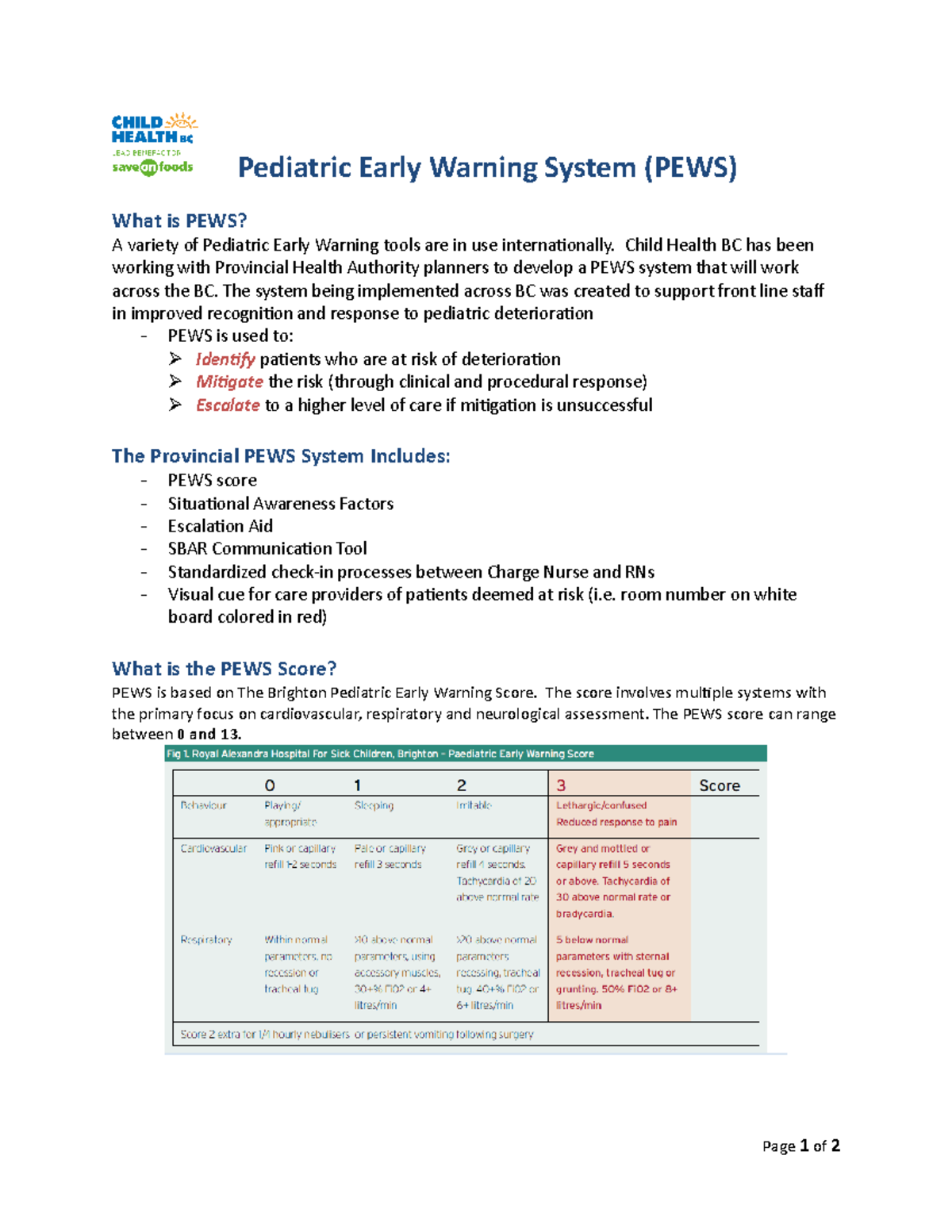 Provincial PEWS overview Feb 2, 2016 - Pediatric Early Warning System ...