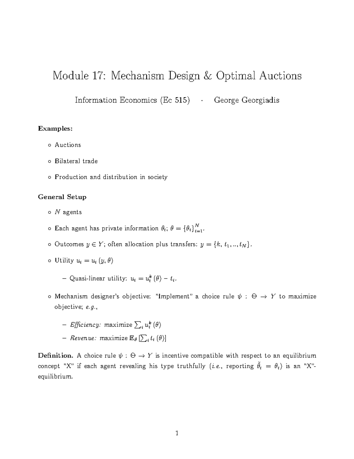 Ec515 Module 17 - Module 17: Mechanism Design Optimal Auctions ...