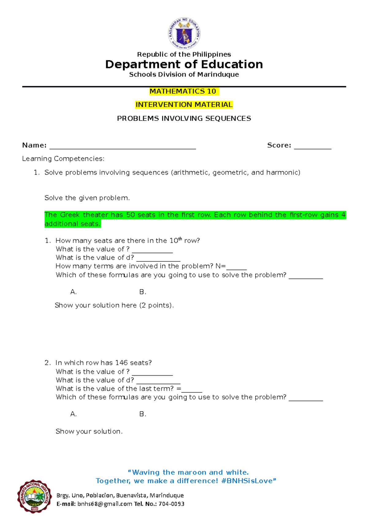 Problems Involving Sequences Intervention Material - Republic of the ...