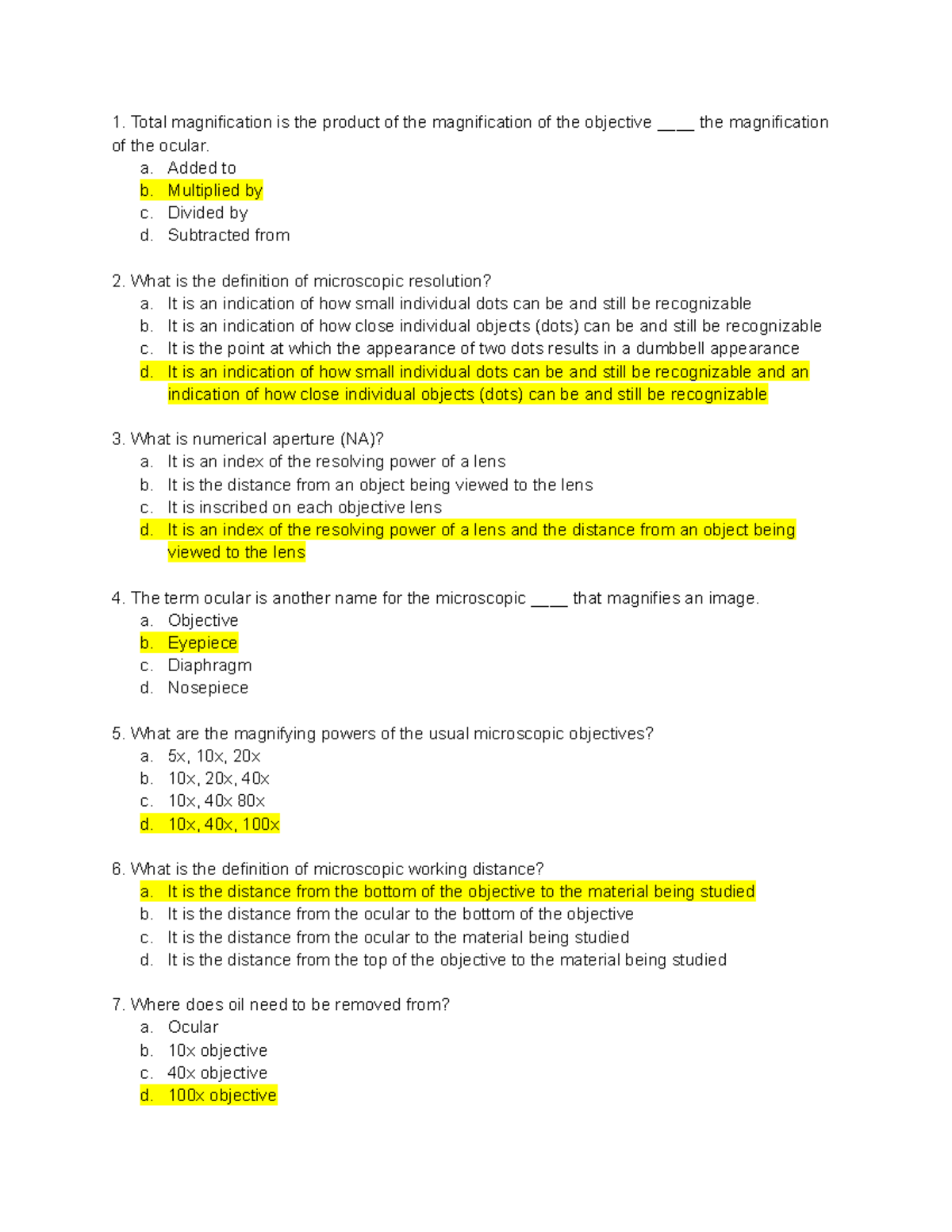 MLAB 1101 Quiz 5 - Quiz - Total magnification is the product of the ...