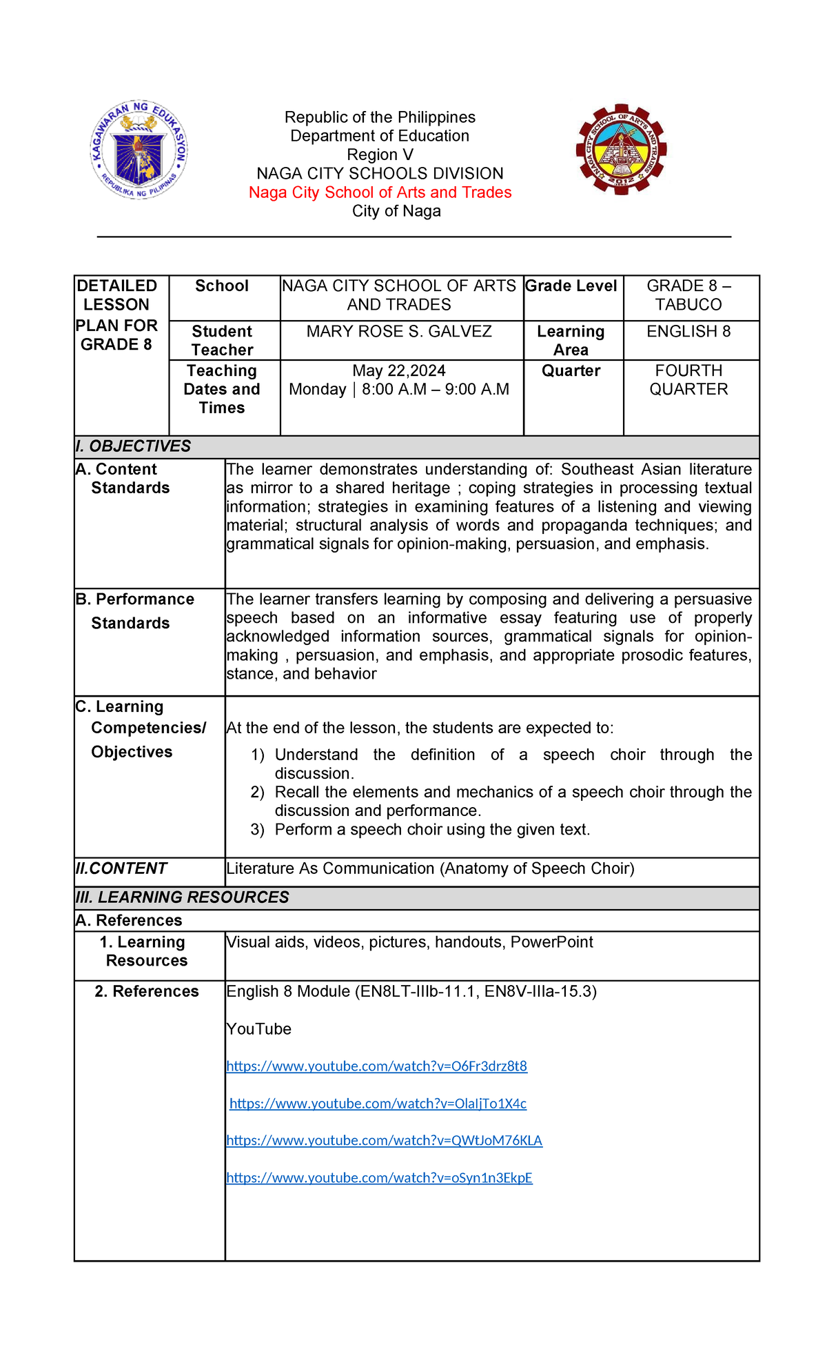 Anatomy of Speech Choir DLP 1 - DETAILED LESSON PLAN FOR GRADE 8 School ...