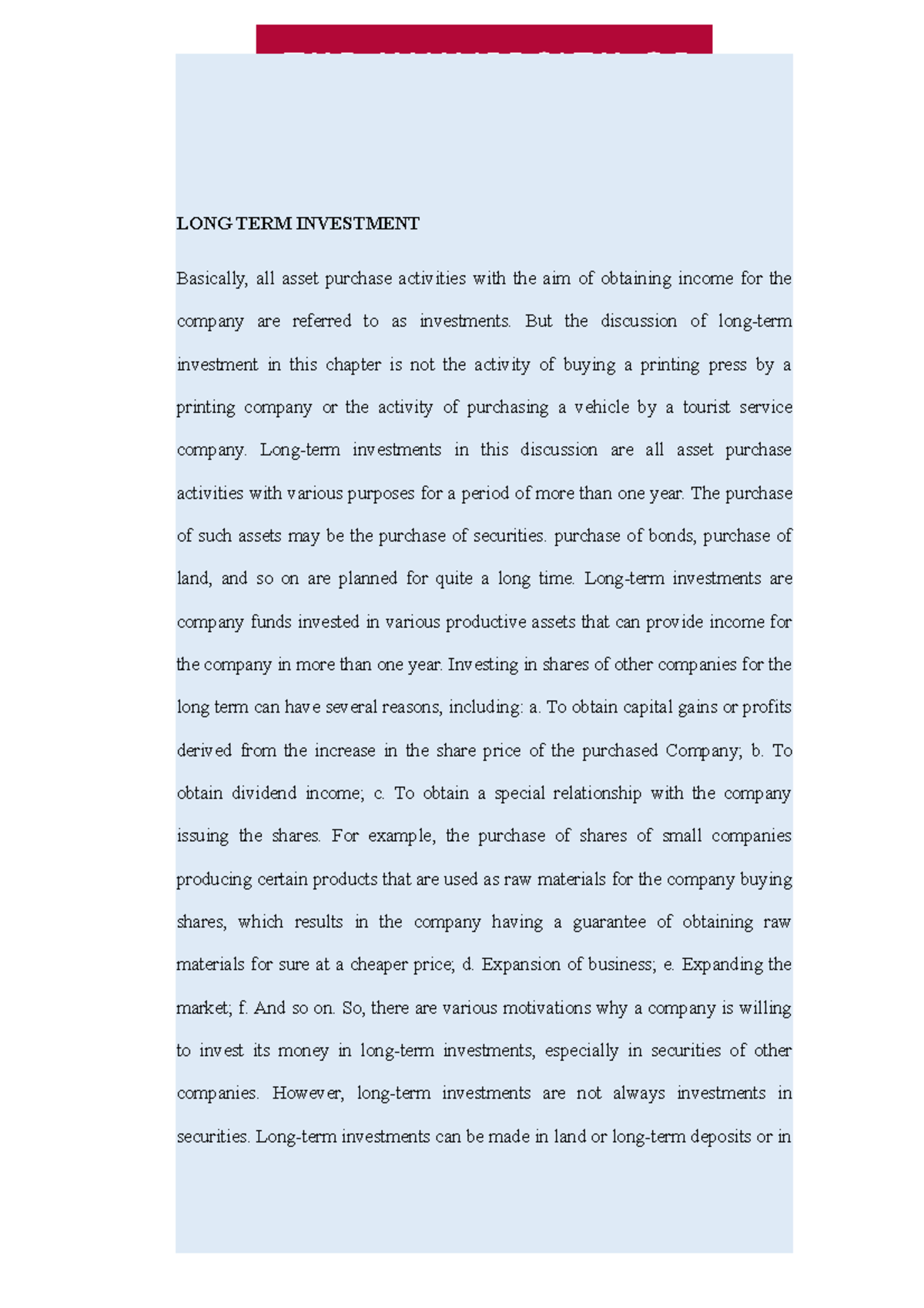 Notes Accounting - LONG TERM Investment - LONG TERM INVESTMENT ...