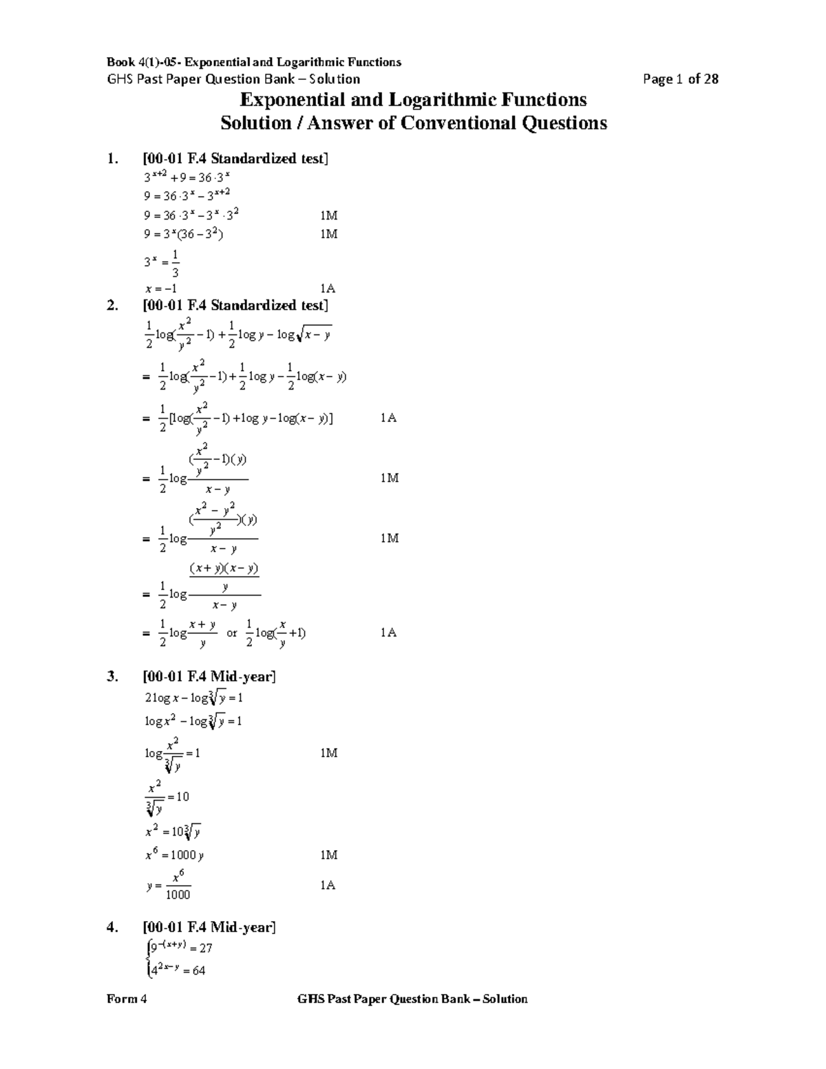 ANS 41-05-Exponential and Logarithmic Functions - ####### GHS Past Paper Question Bank ...