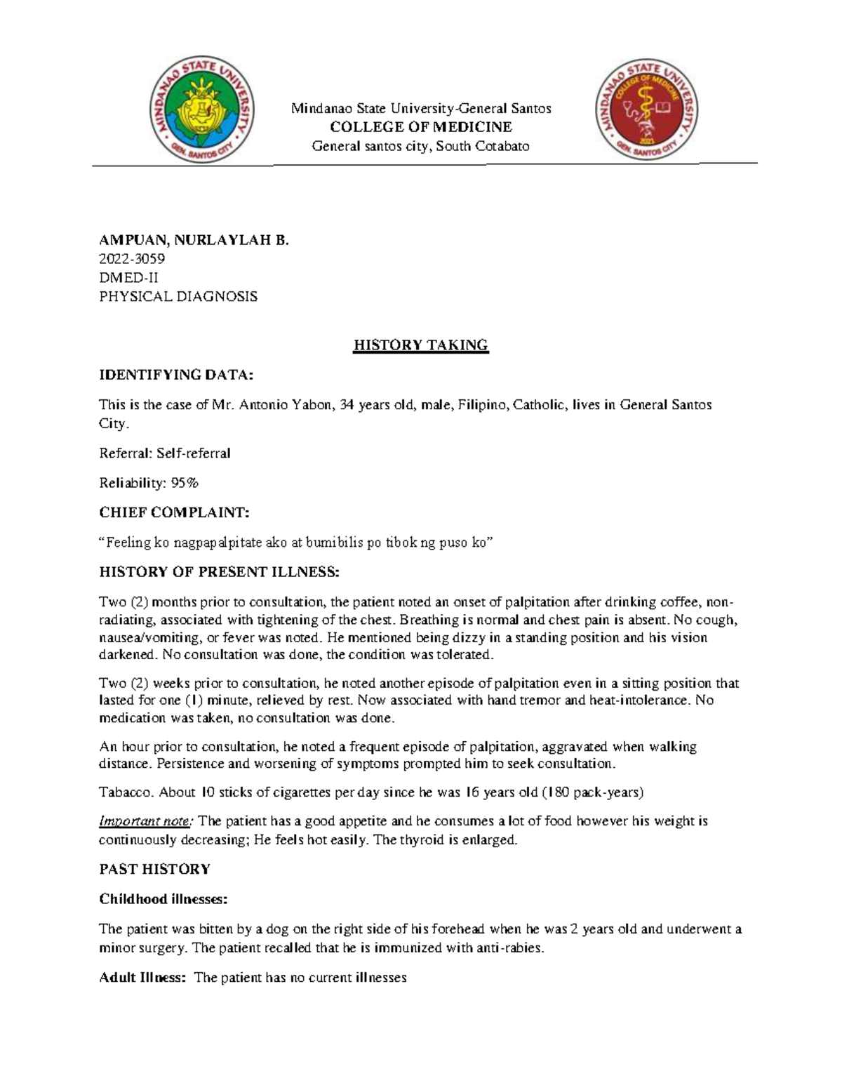 History taking sample - Mindanao State University-General Santos COLLEGE OF MEDICINE General ...