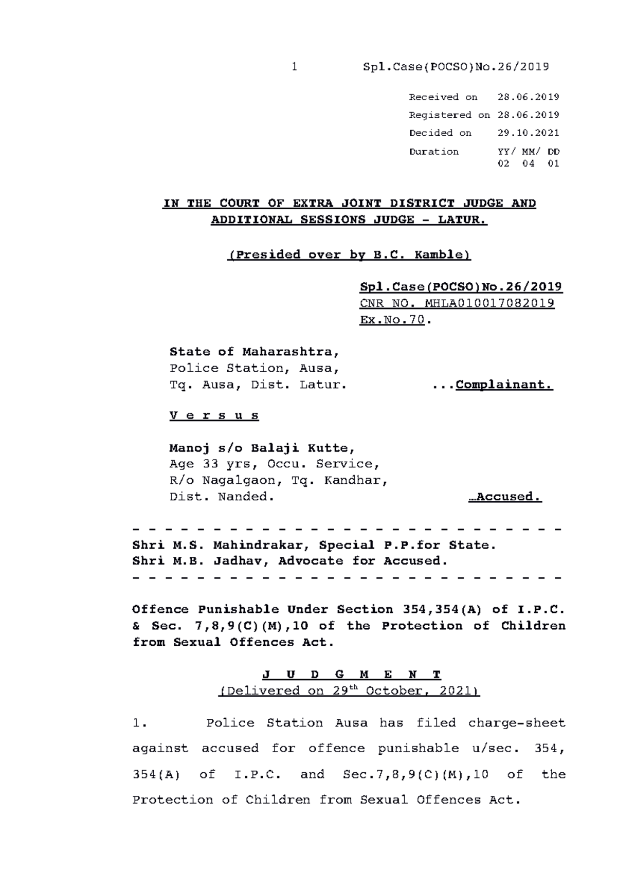 Manoj vs state of MH. display pdf - Received on 28. Registered on 28 ...