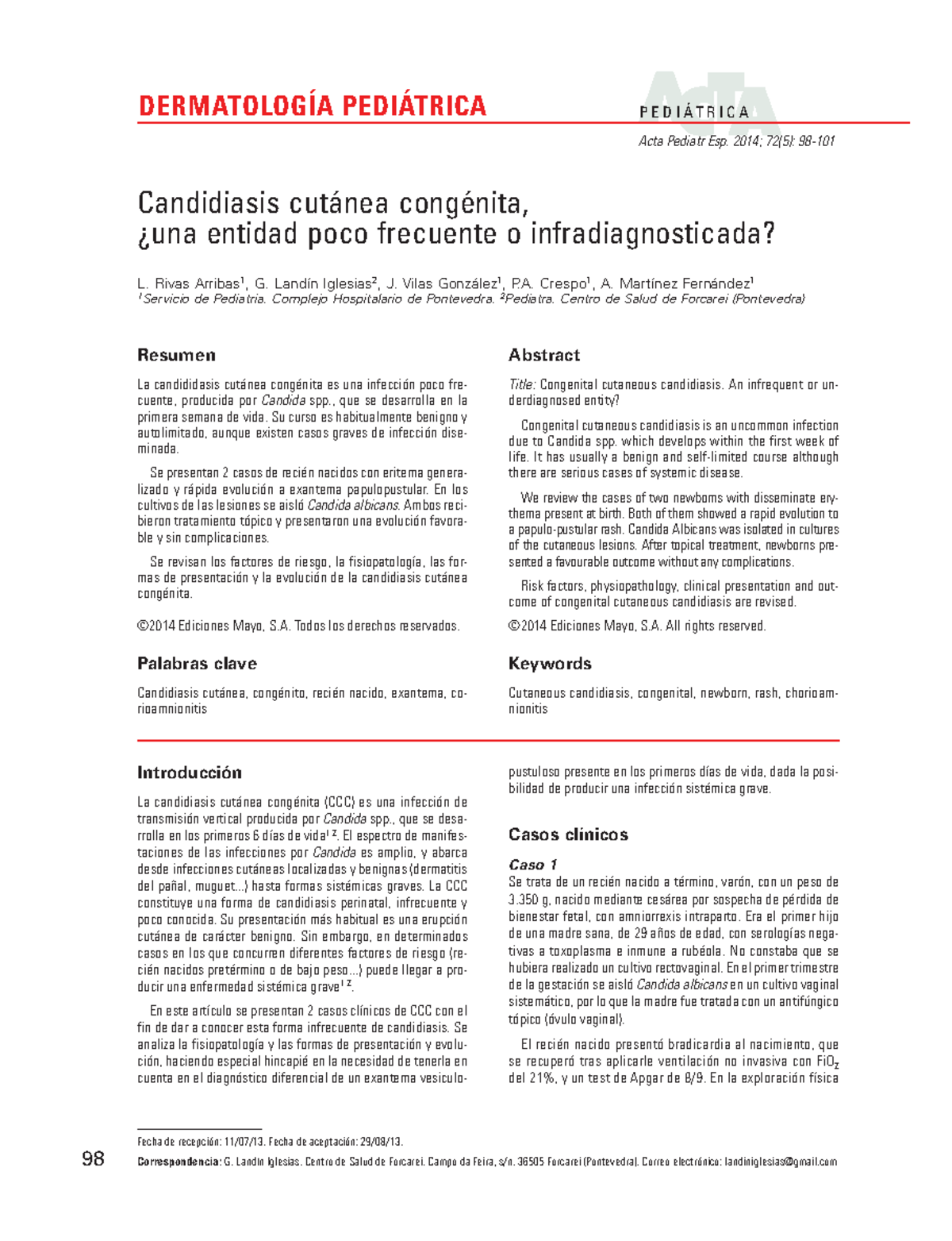 Dermatologia Candidiasis - P E D I Á T R I C A Acta Pediatr Esp. 2014 ...