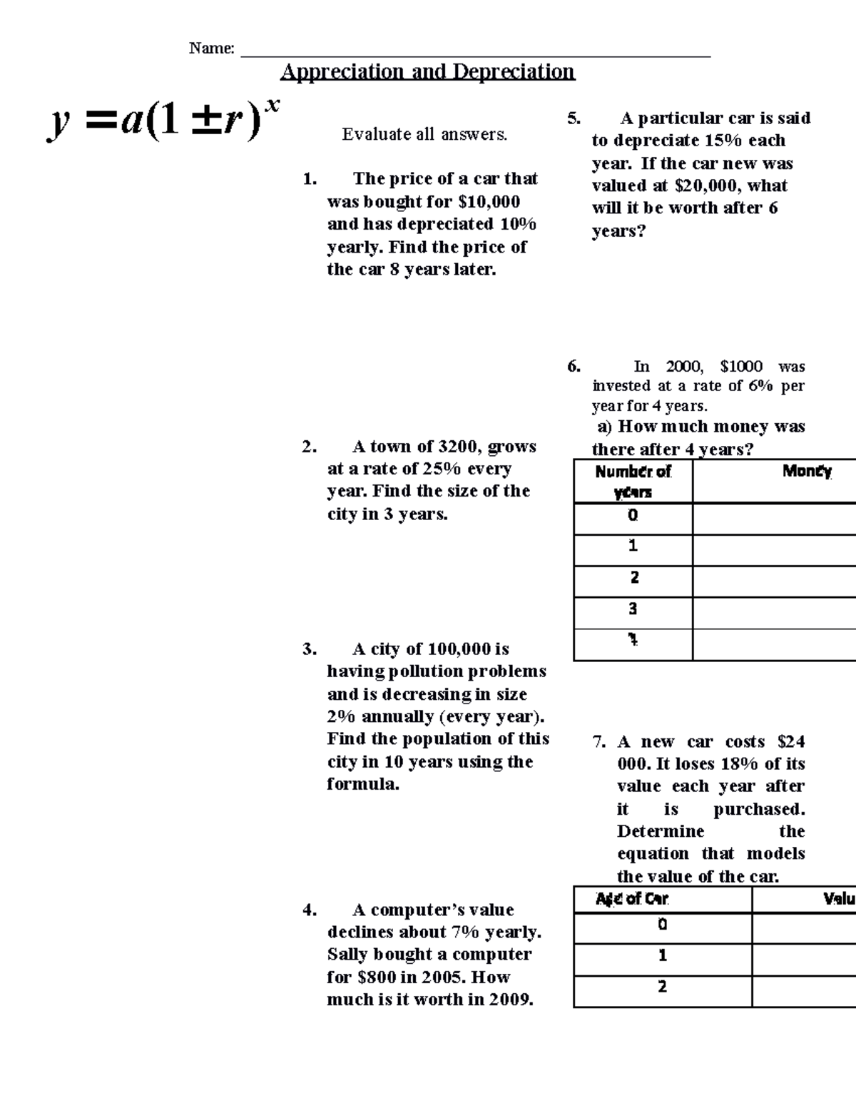 Appreciation And Depreciation Worksheet - Name: - Studocu