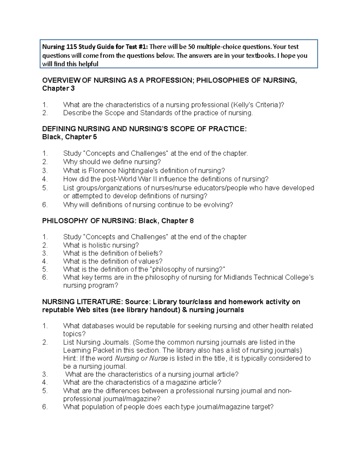 Nursing 115 Study Guide For Test 1 Spr 19 Nursing 115 Study Guide For