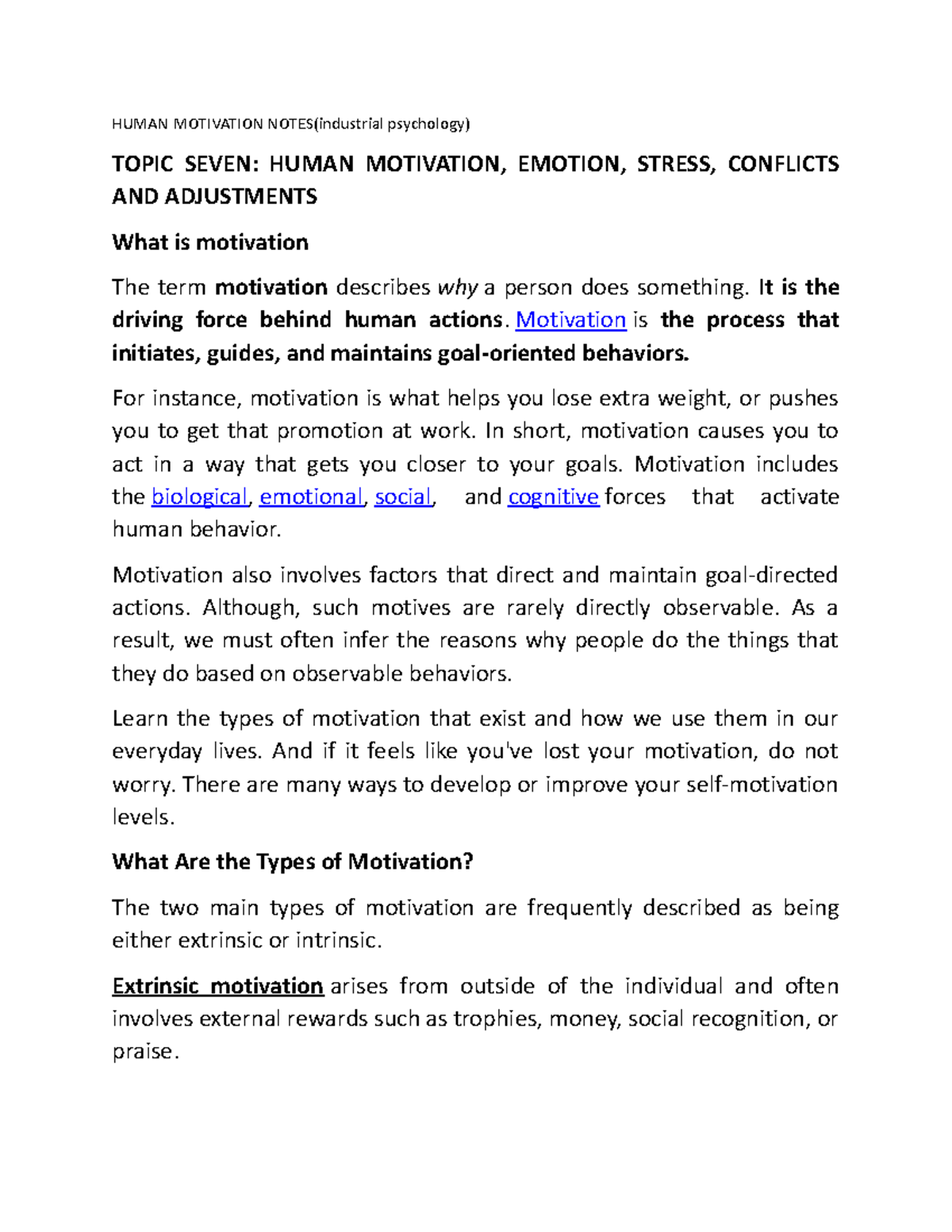 Human Motivation Notes(industrial psychology) - HUMAN MOTIVATION NOTES ...