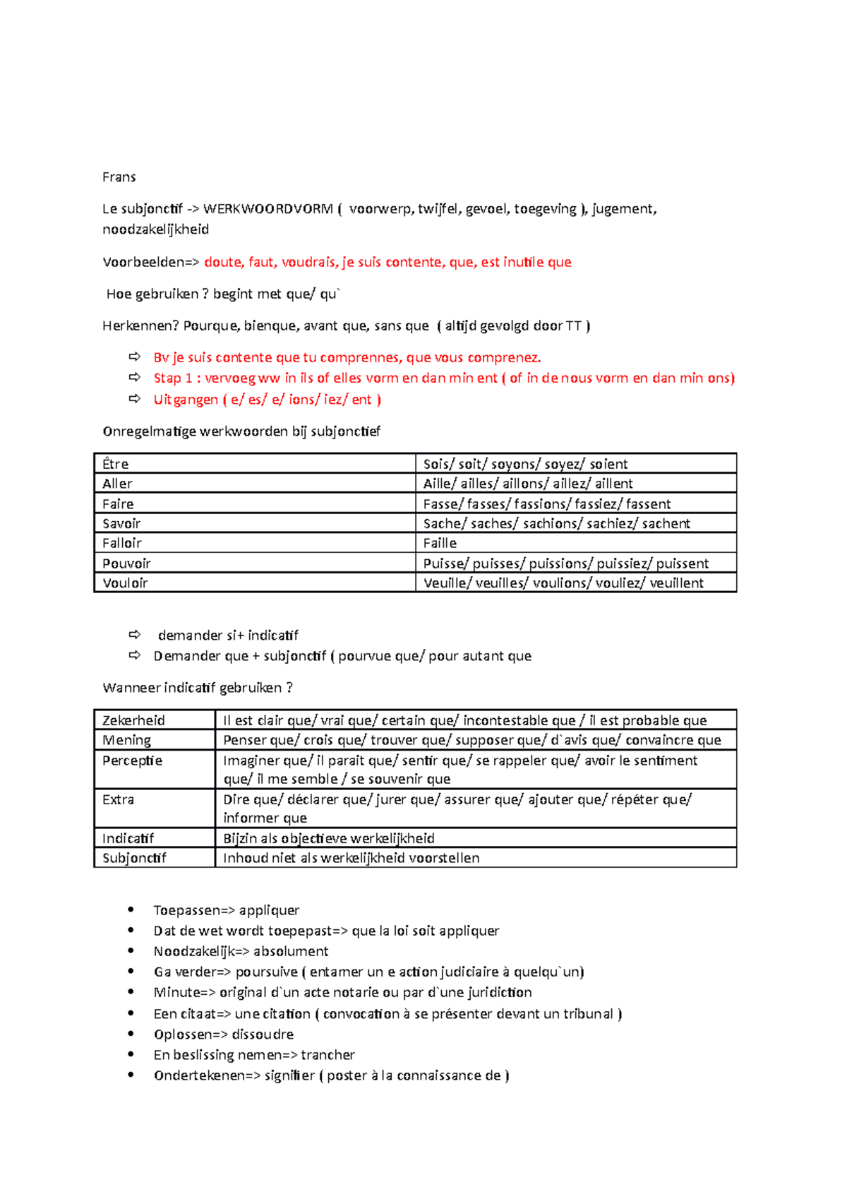 Frans - Frans Le subjonctif -> WERKWOORDVORM ( voorwerp, twijfel, gevoel, toegeving ), jugement ...