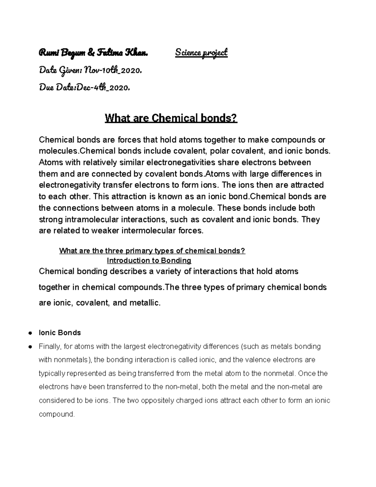 12th grade. Science Project. - Rumi Begum & Fatima Khan. Science ...