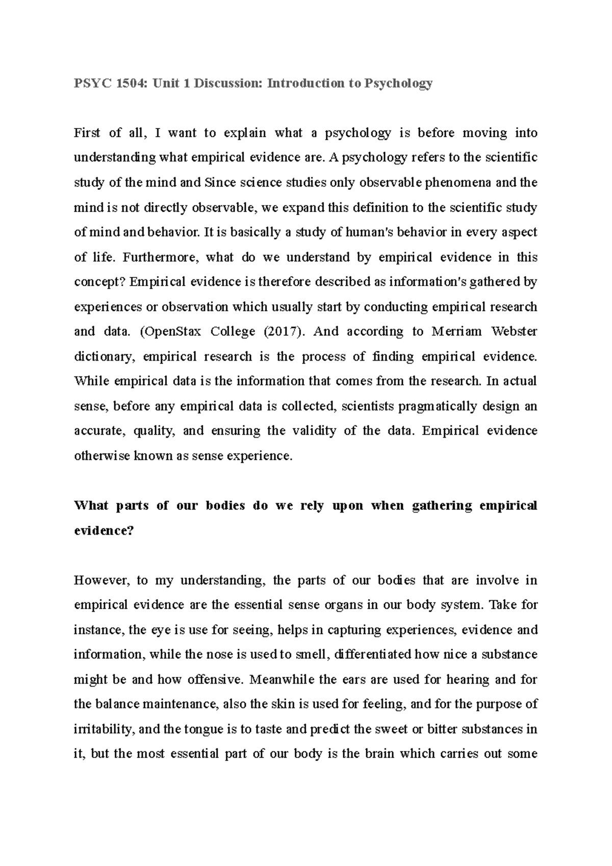 PSYC 1504 UNIT 1 DF Assignment Number 12 - PSYC 1504: Unit 1 Discussion: Introduction to ...