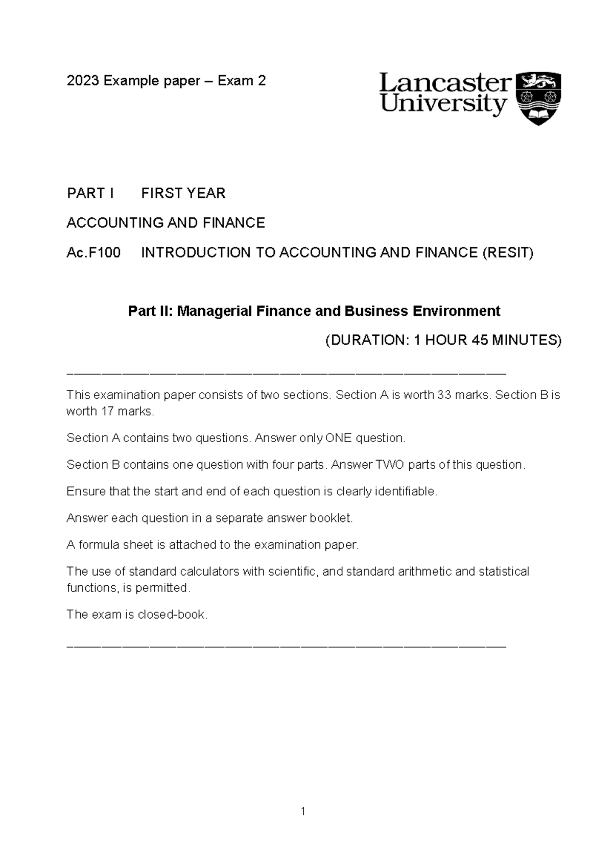 AcF 100 exam 2 - example paper - 2023 Example paper – Exam 2 PART I ...