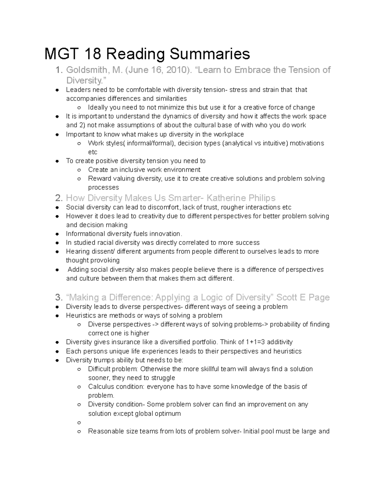 MGT 18 Reading Summaries - MGT 18 Reading Summaries 1. Goldsmith, M ...