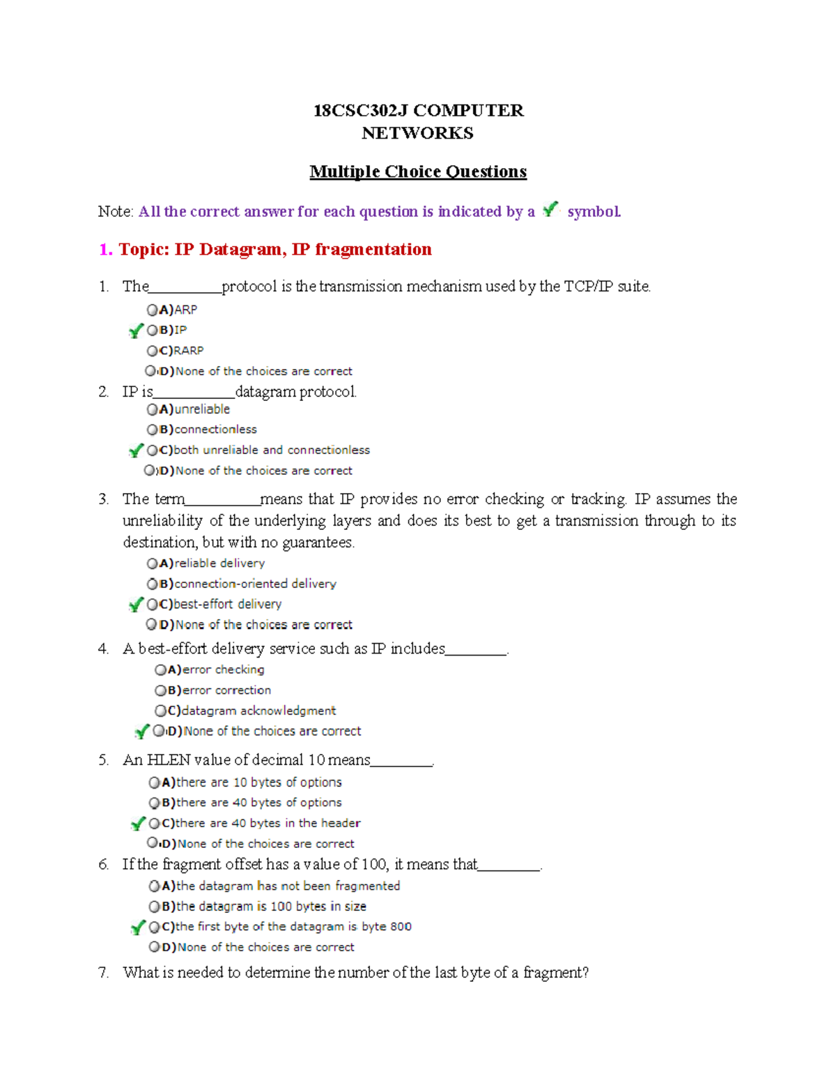 CN MCQS - Good - 18CSC302J COMPUTER NETWORKS Multiple Choice Questions Note: All the correct ...