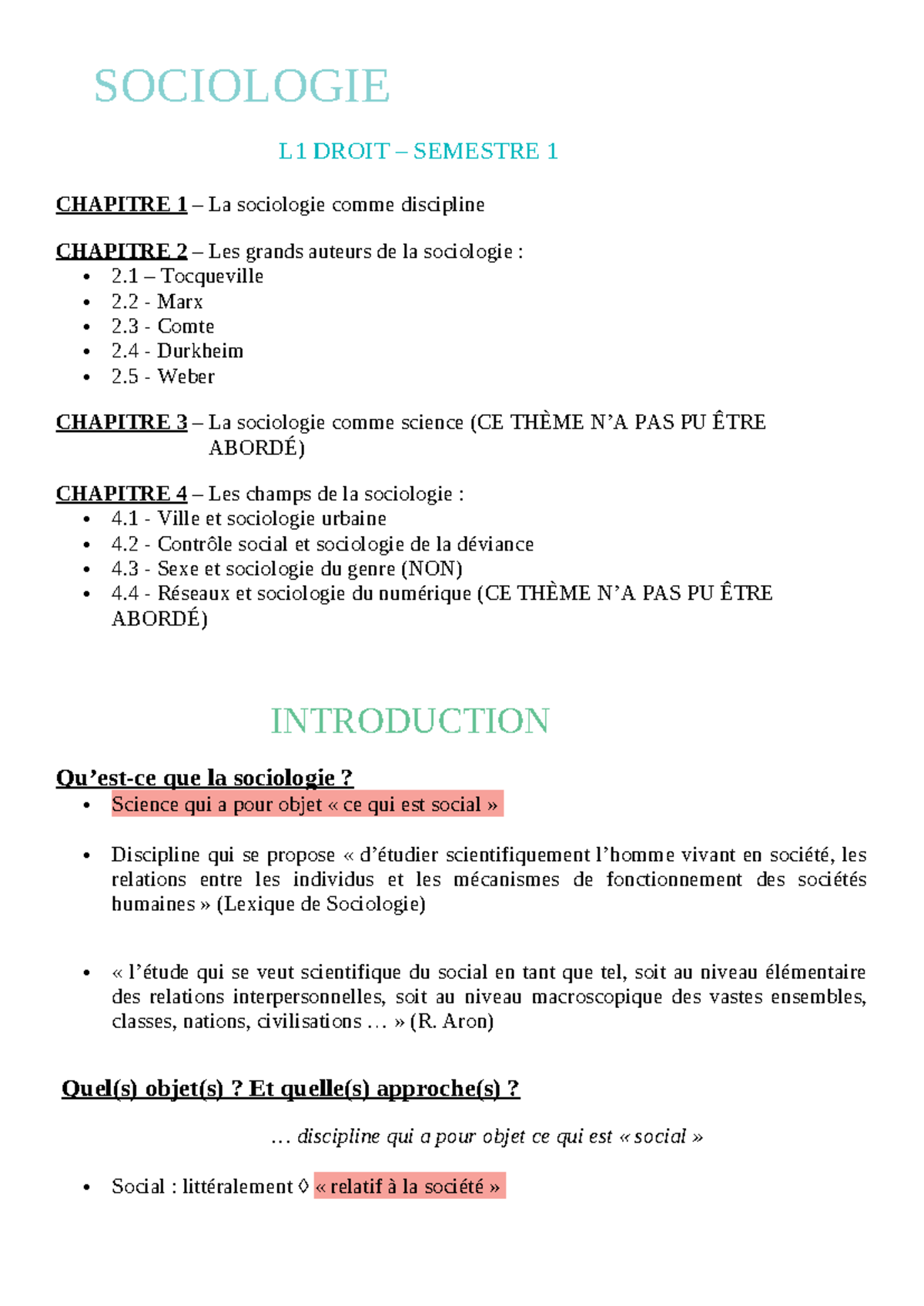 Cours Complet Sociologie Sociologie L1 Droit Semestre 1 Chapitre 1 La Sociologie Comme