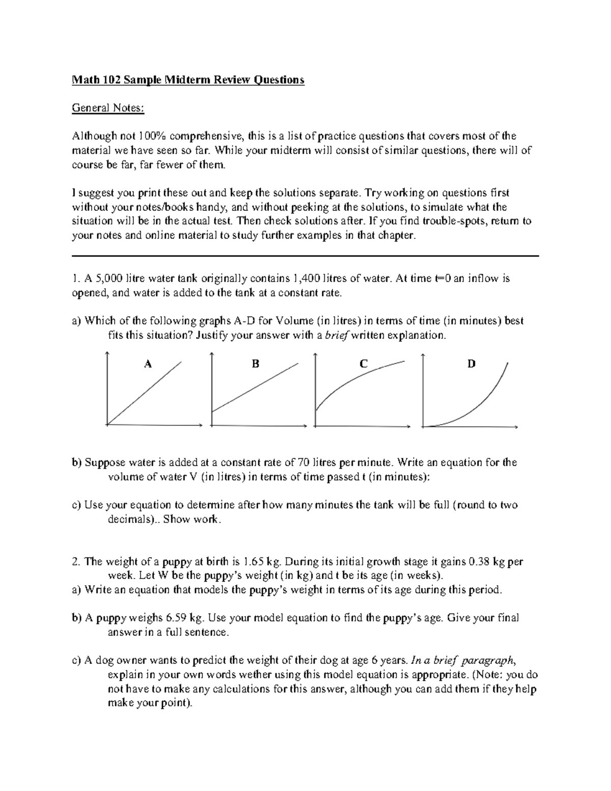 Samplemidterm v2 - Math 102 midterm pracctice - Math 102 Sample Midterm Review Questions General ...