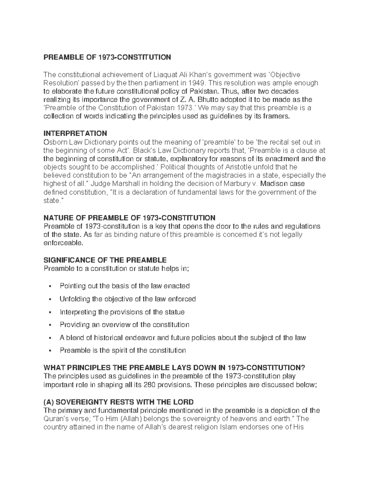 Constitution OF 1973 - Lecture notes 7-8 - PREAMBLE OF 1973 ...