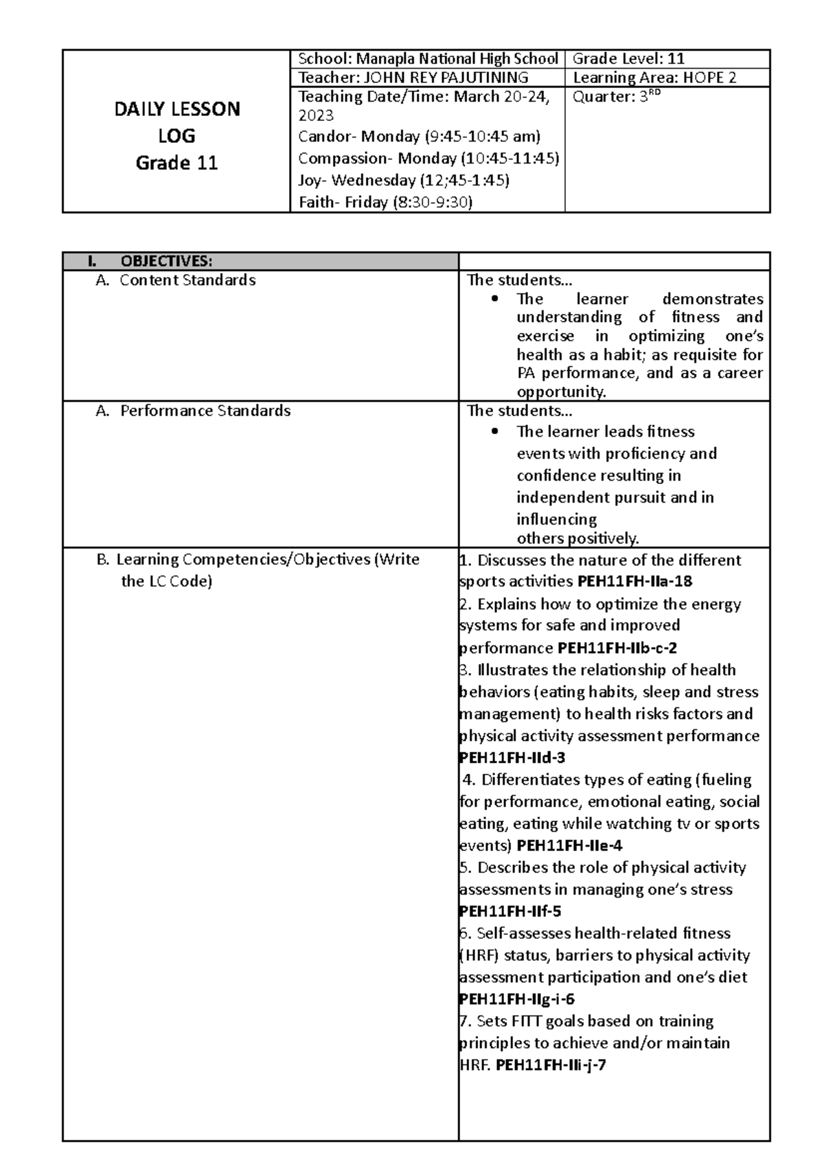 JOHN REY DLL Team Sports - DAILY LESSON LOG Grade 11 School: Manapla ...