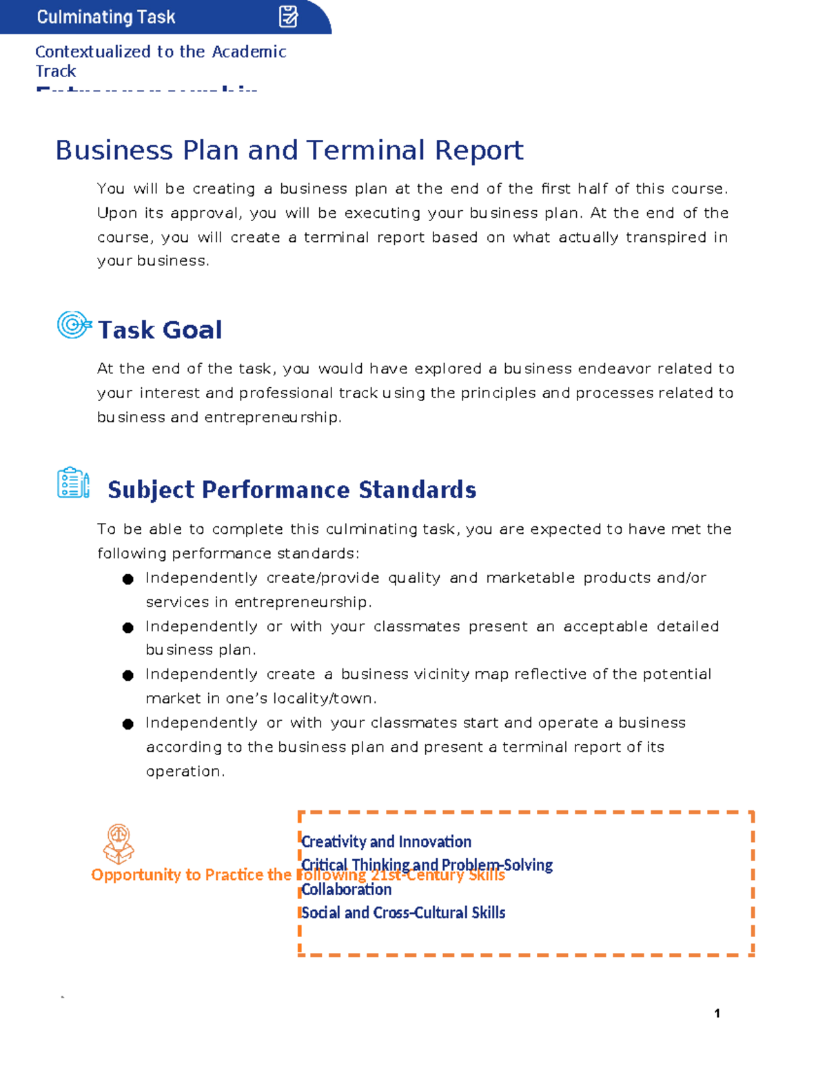 Entrep Business Plan Final Culminating Task - Opportunity to Practice ...