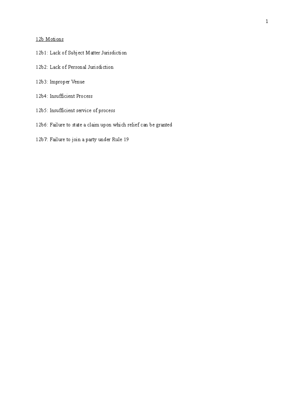 Civ Pro Checklists - 12b Motions 12b1: Lack of Subject Matter ...