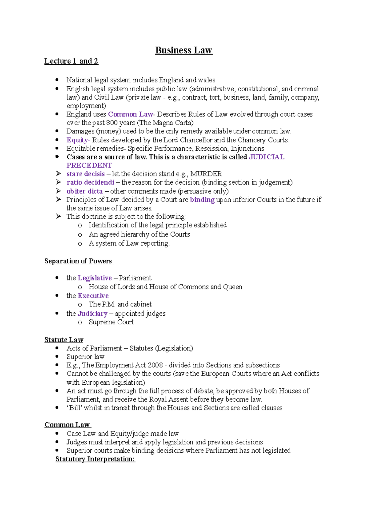 Lectures - Business Law Lecture 1 and 2 National legal system includes ...