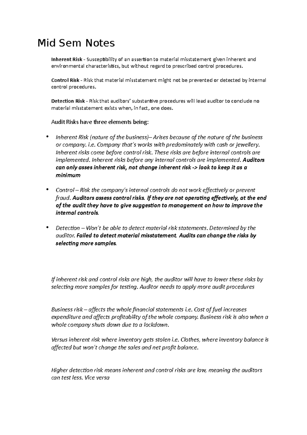 Accg3040 mid sem notes - Mid Sem Notes Inherent Risk - Susceptibility ...