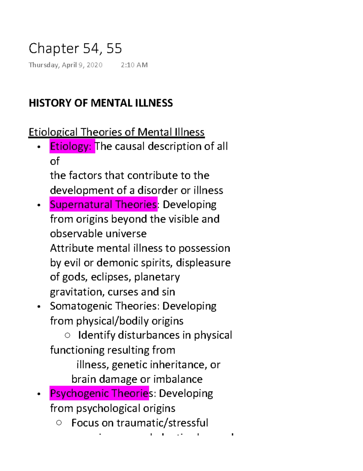 Psyc 100 Chapter 54, 55 - HISTORY OF MENTAL ILLNESS Etiological ...