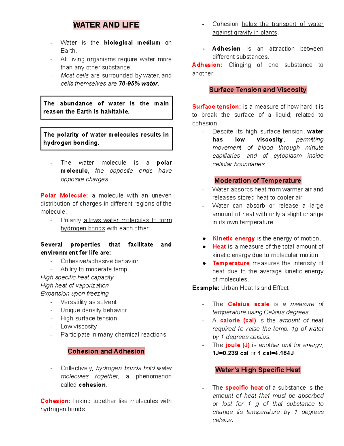 REV #1 The Origin and Chemistry of Life - WATER AND LIFE Water is the ...