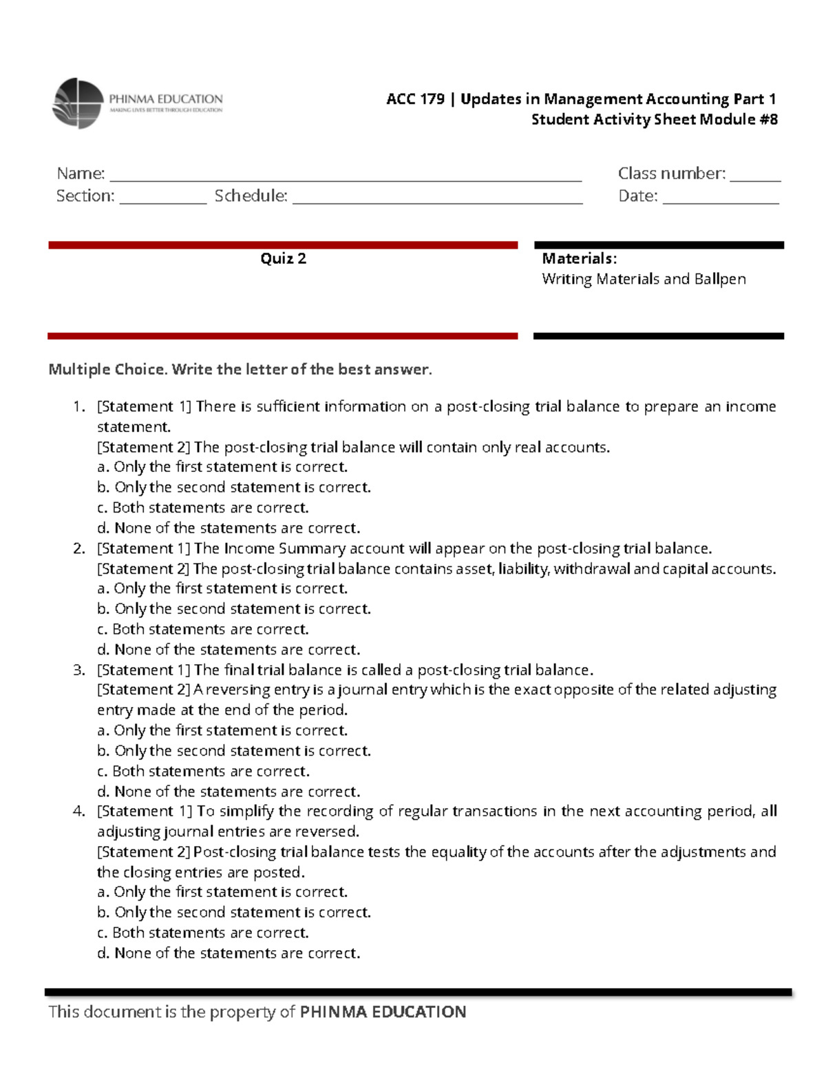 ACC-179 SAS Day-8 - Quiz-1 - ACC 179 | Updates in Management Accounting ...