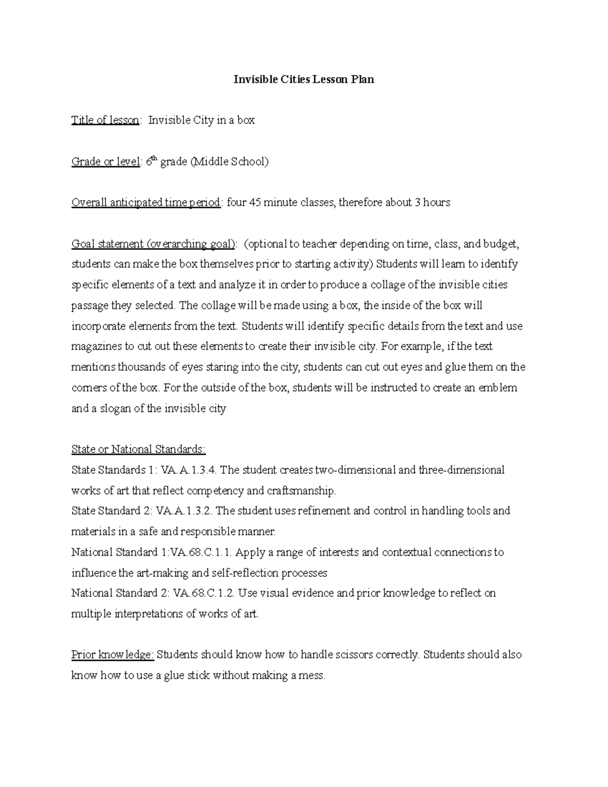 Invisible Cities Lesson Plan - The collage will be made using a box ...