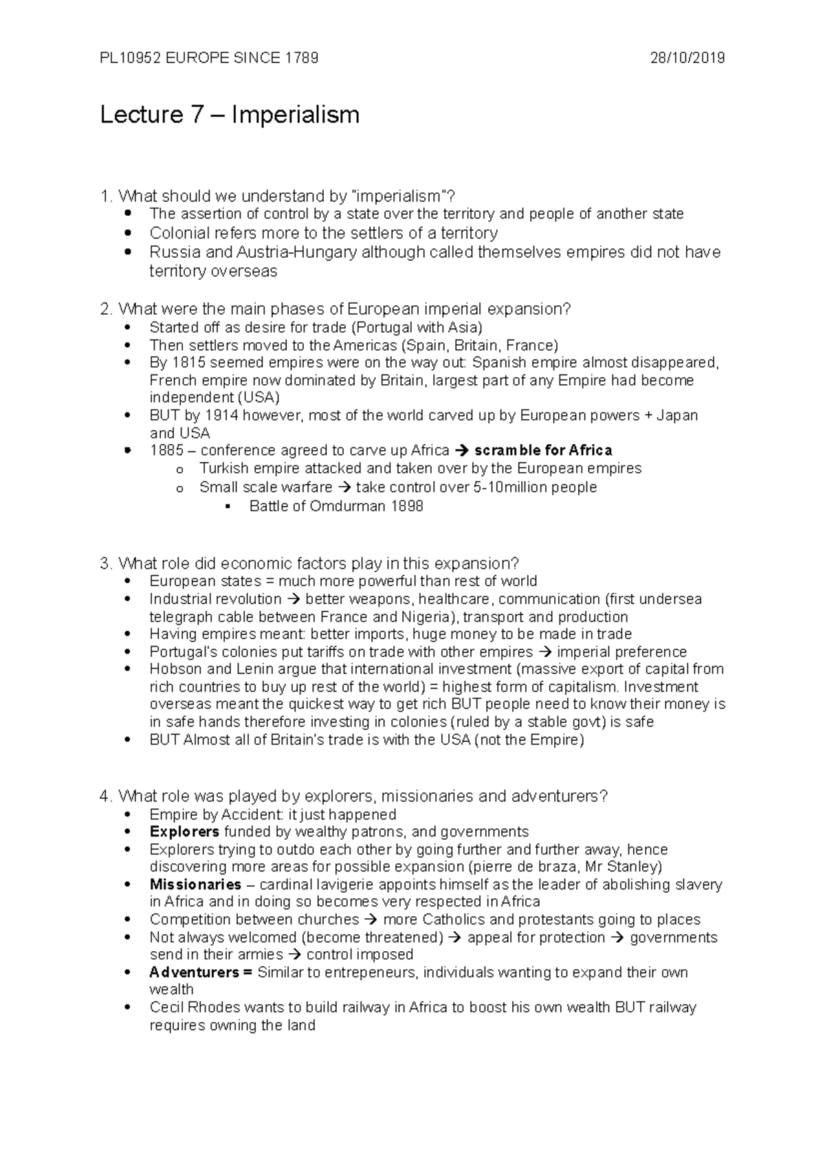 Lecture 7 - Imperialism - PL10952 EUROPE SINCE 1789 28/10/ Lecture 7 ...