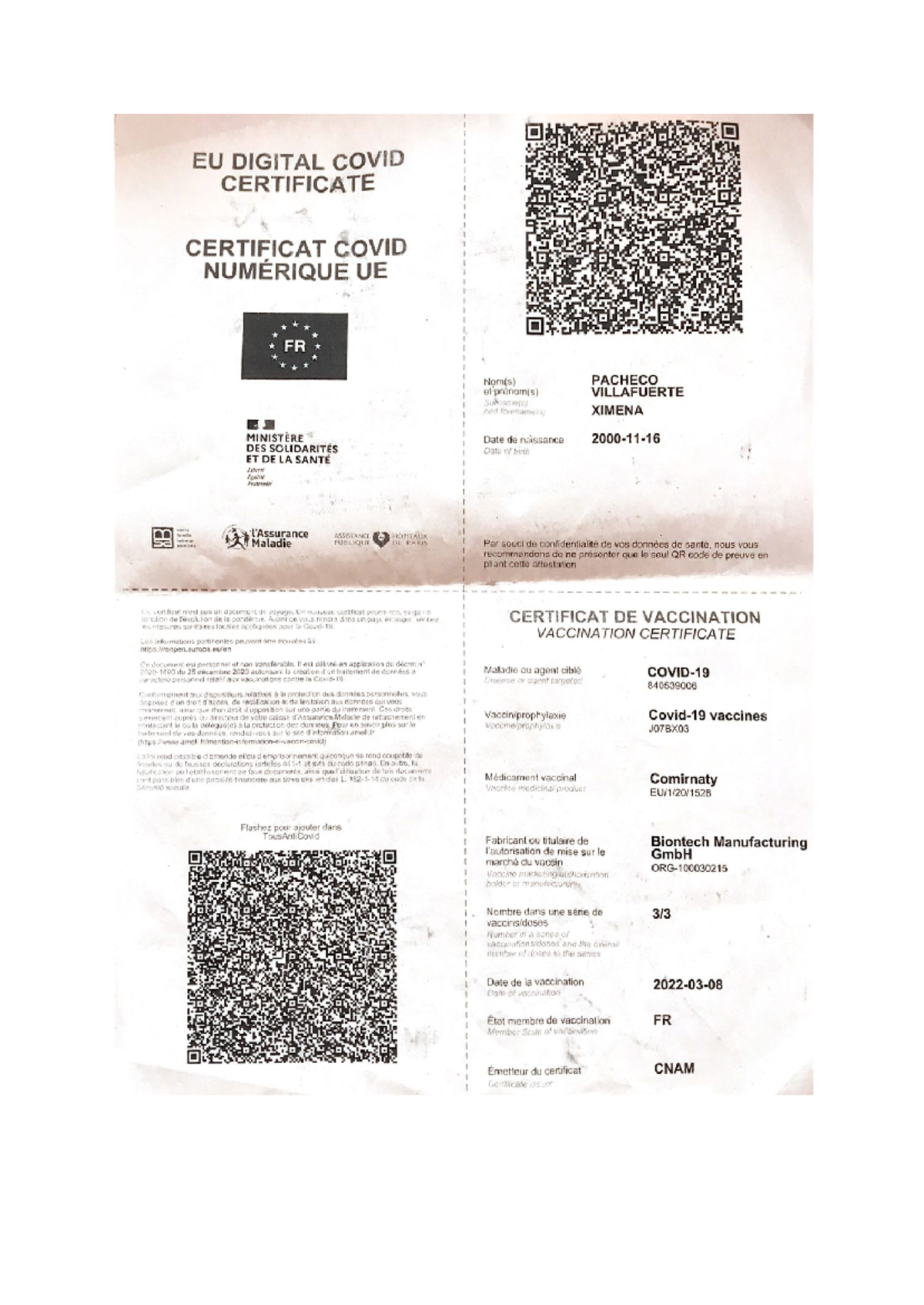 Carnet de vacunación francia - EU DIGITAL COVID CERTIFICATE CERTIFICAT ...