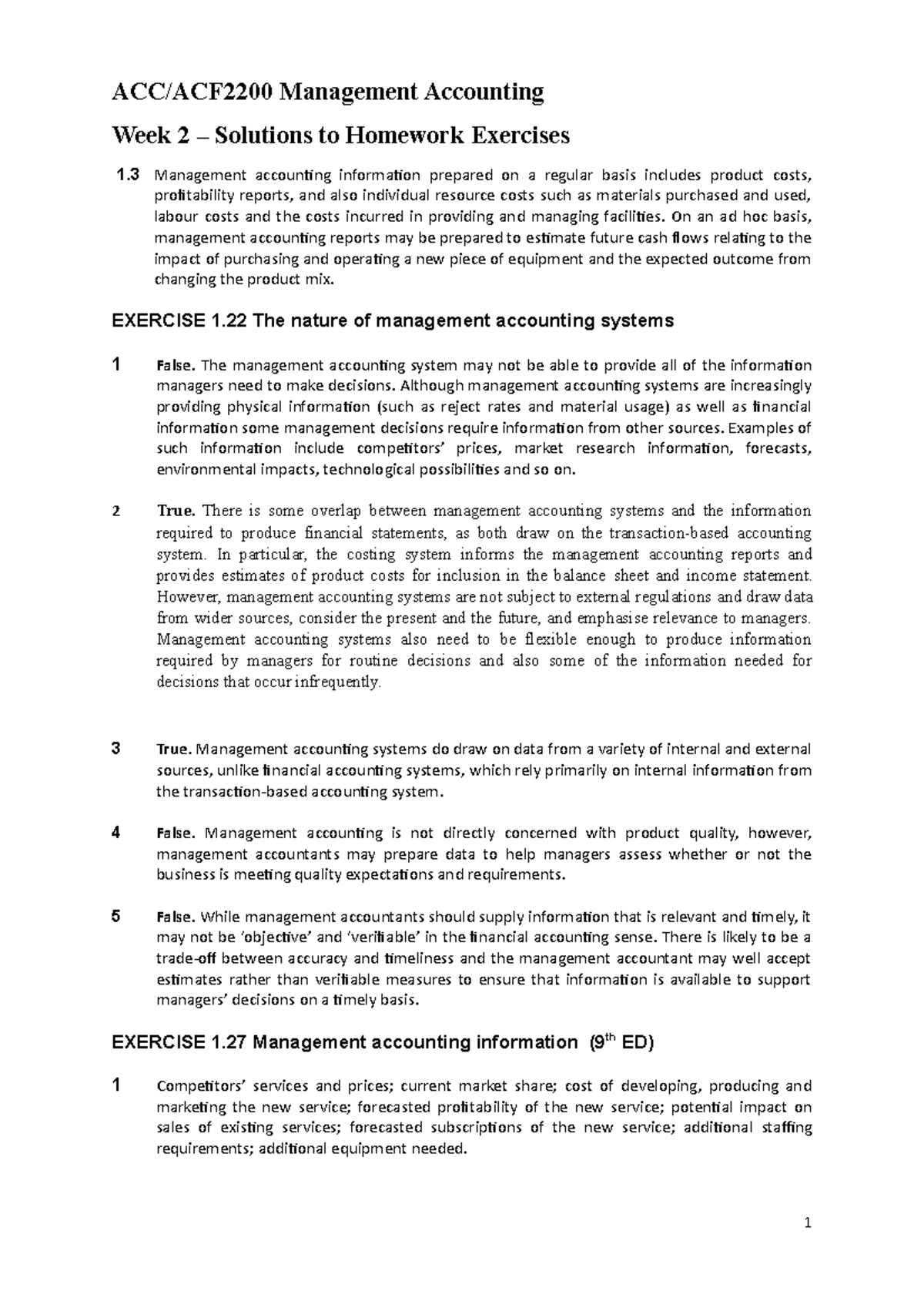 Solutions W1 Exercises - ACC/ACF2200 Management Accounting Week 2 ...