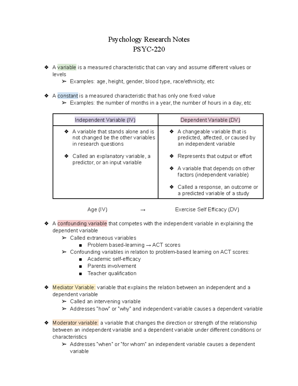 Psyc 220 Constants Vs Variables Psychology Research Notes Psyc A Variable Is A Measured