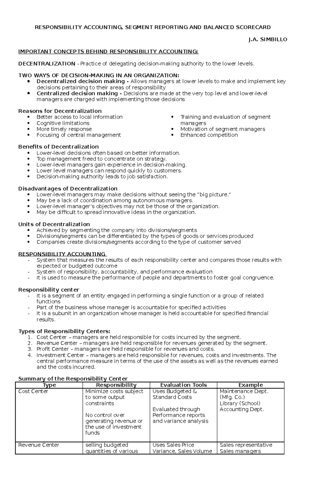 Handout - Responsibility Accounting, Segment Reporting and Balanced ...