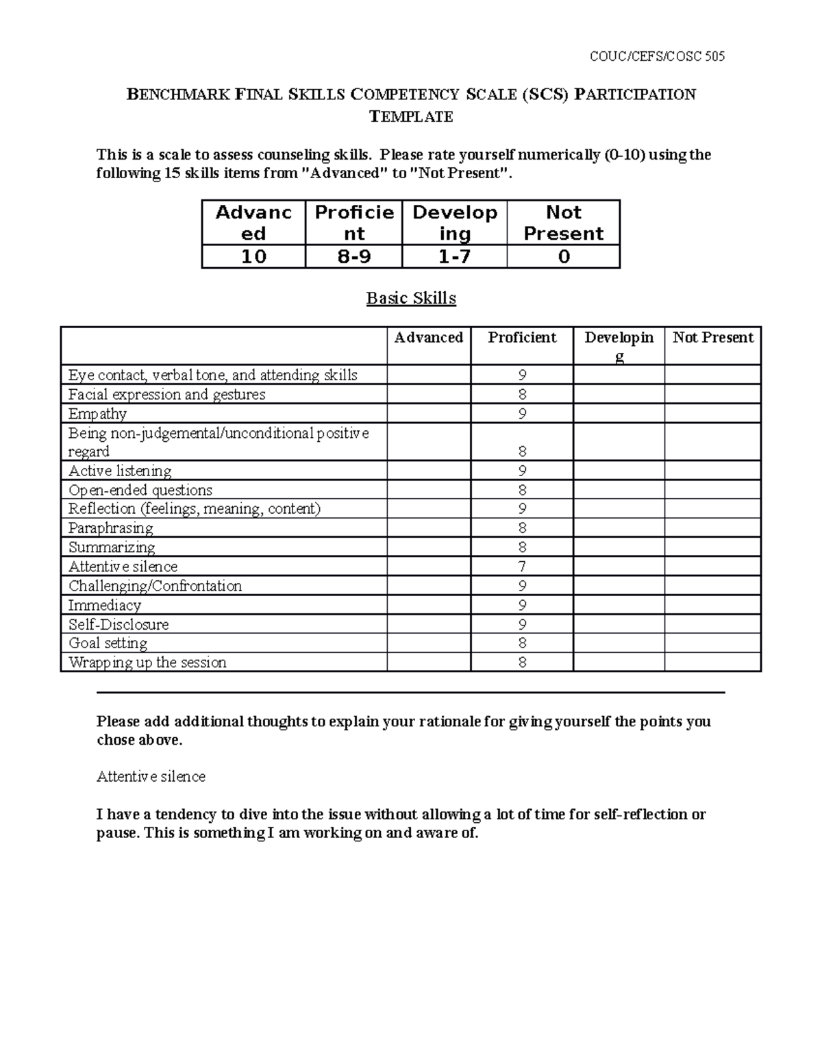 Jon Dean Benchmark Final Skills Competency Scale SCS Participation ...