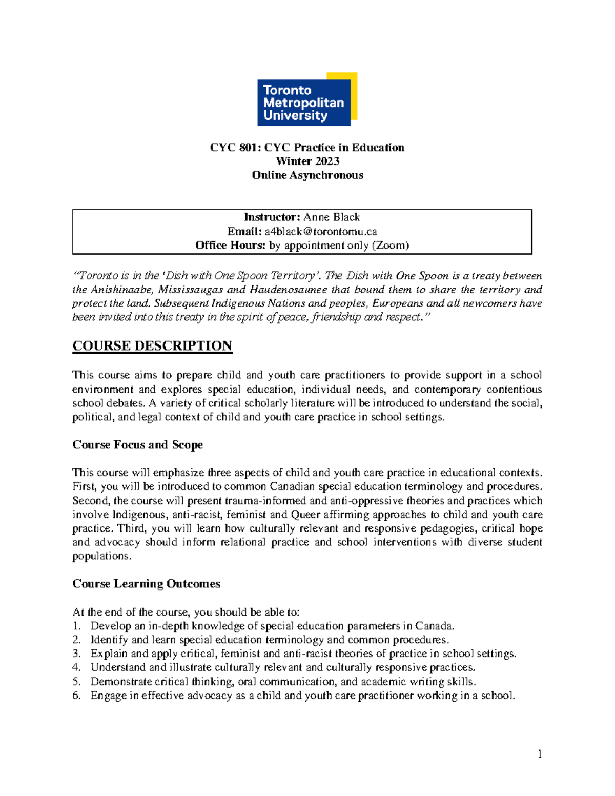 CYC 801 Course Outline W23-ab - CYC 801: CYC Practice in Education ...