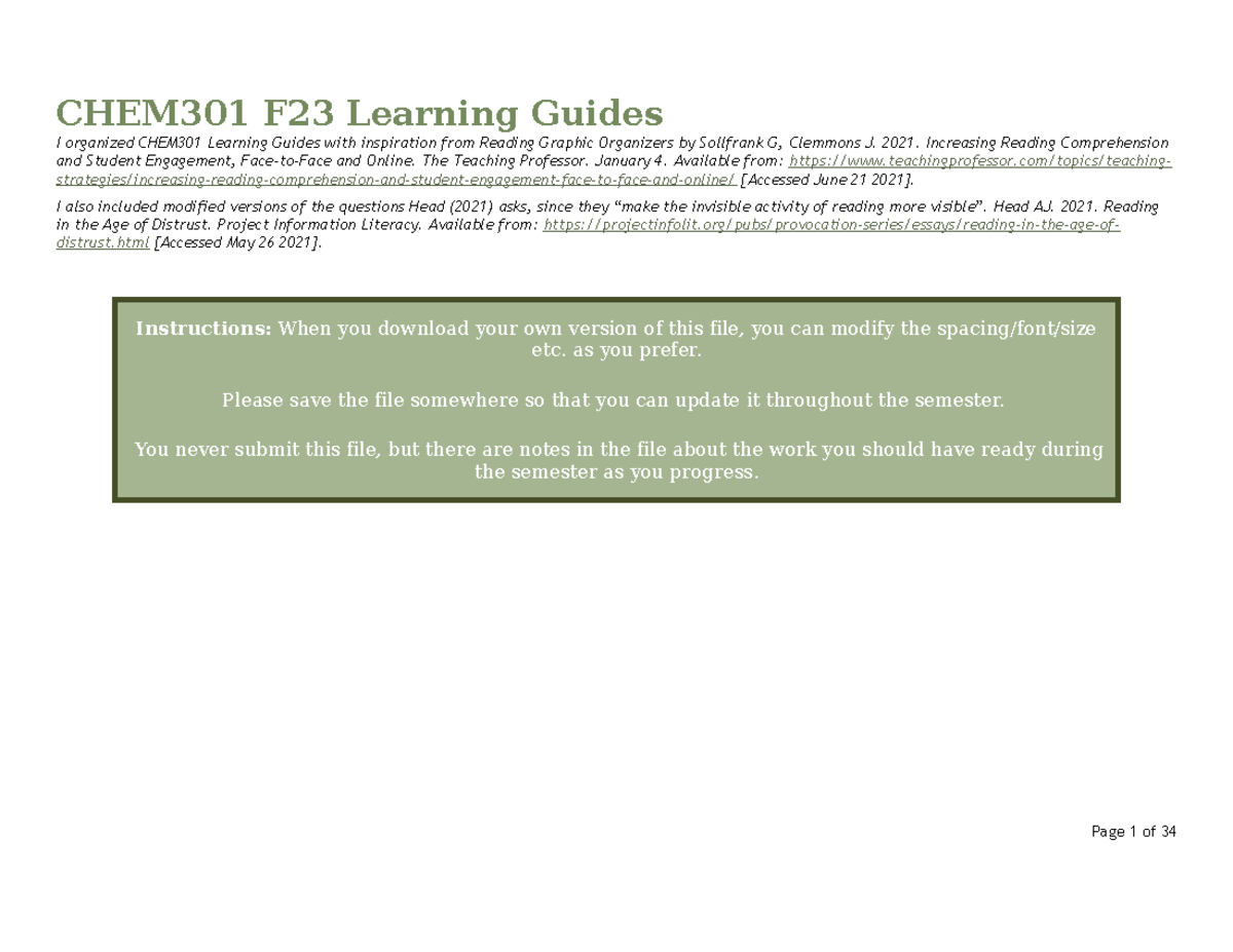 301 F23 Learning Guides - CHEM301 F23 Learning Guides I organized CHEM301 Learning Guides with ...