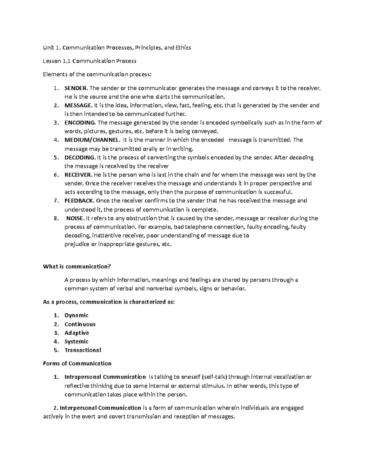 Purcom 1 - Dudu - Unit 1. Communication Processes, Principles, and Ethics Lesson 1 Communication ...