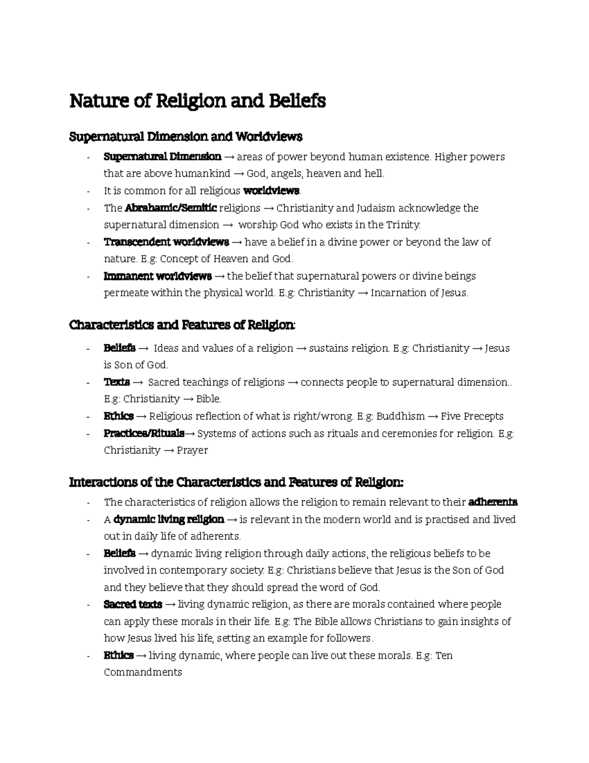 Nature of Religion and Beliefs Notes - Nature of Religion and Beliefs ...