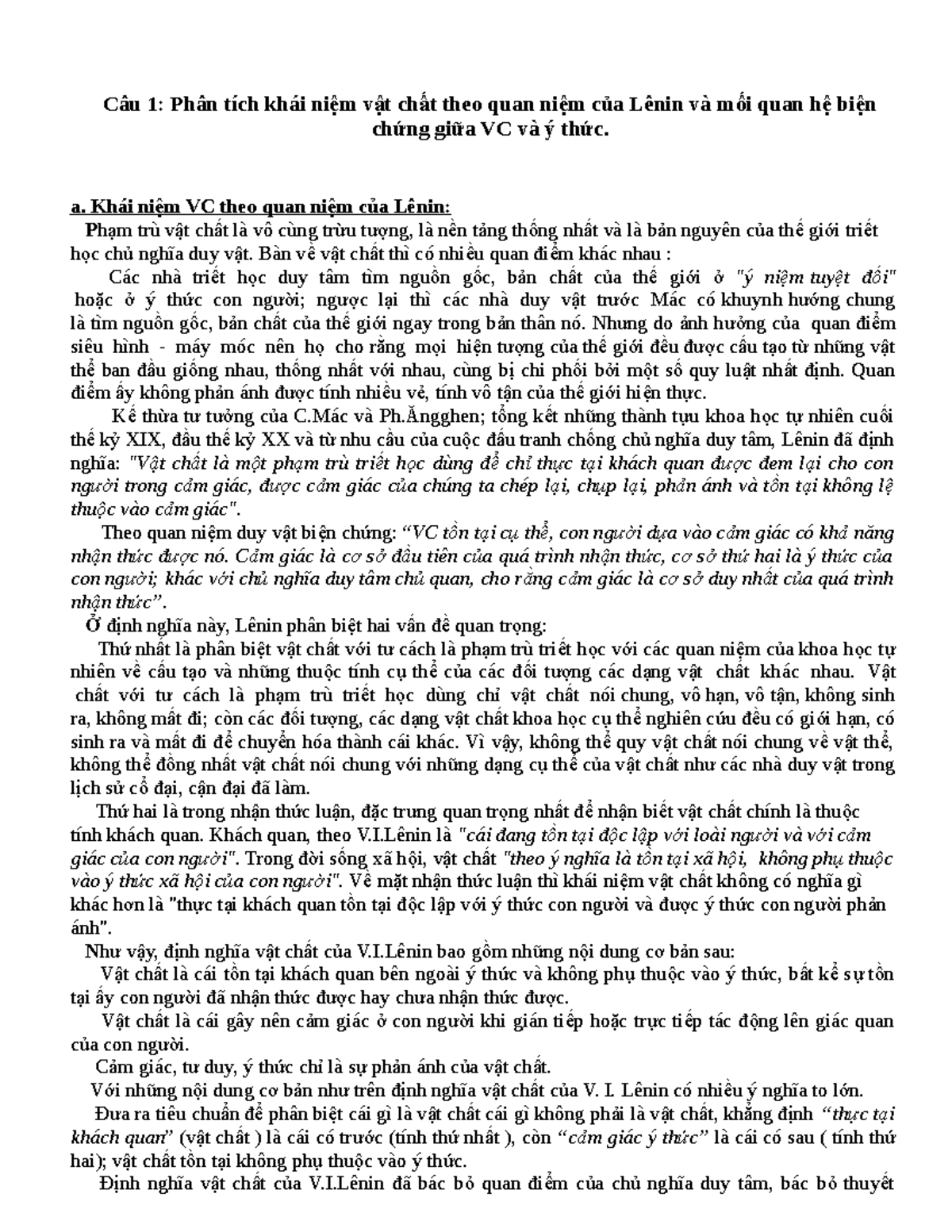 ĐỀ CƯƠNG ÔN TRIẾT CUỐI KỲ - BẢN 2 - Câu 1: Phân tich khai ni m v t ch t theo quan ni m c a Lênin ...
