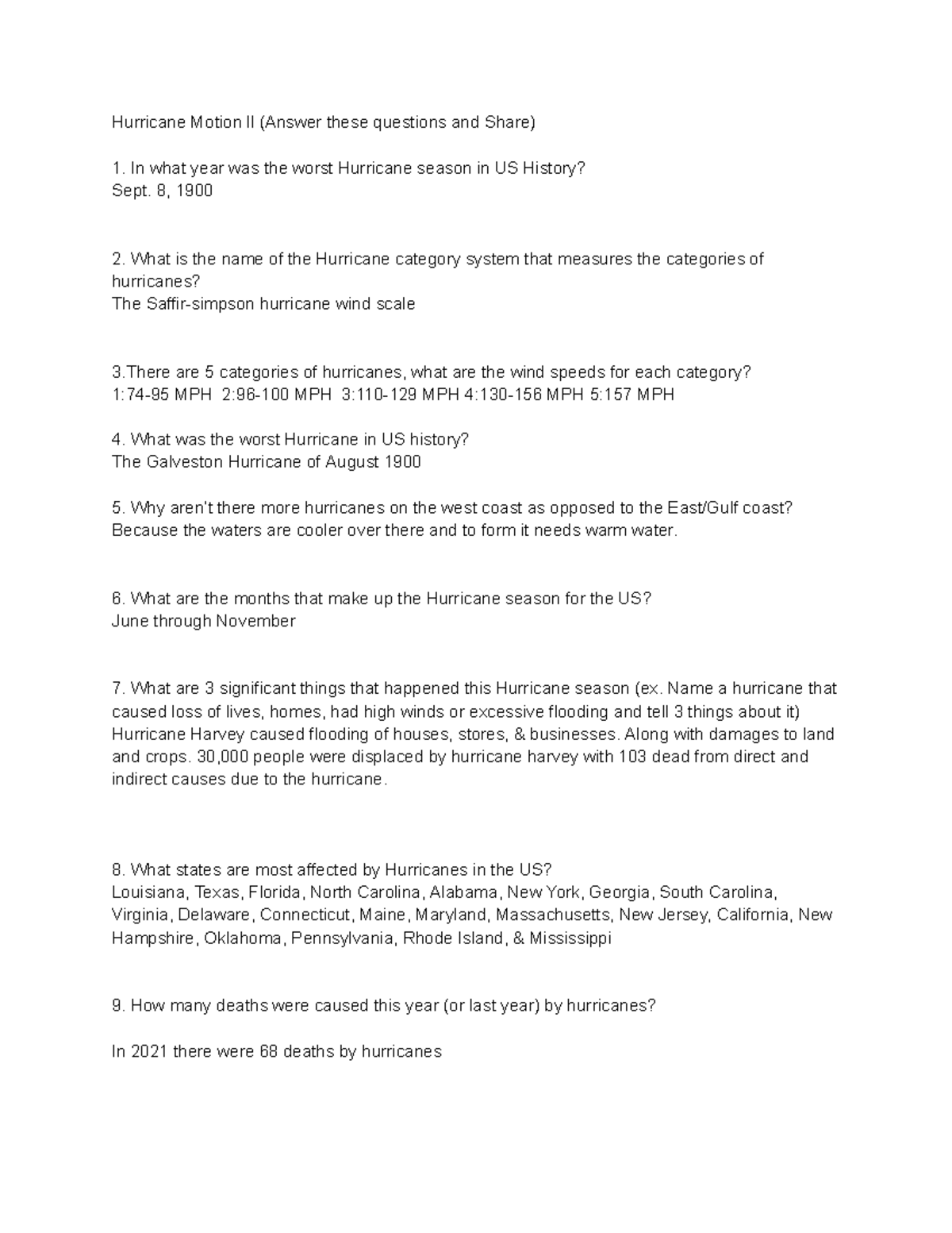 Copy of Copy of Hurricane Motion ll - Hurricane Motion ll (Answer these ...