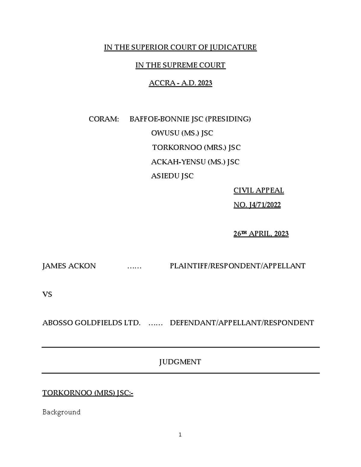Ackon Vrs Abosso Goldfields Ltd 2022 Ghasc 20 (26 April 2022) - IN THE ...