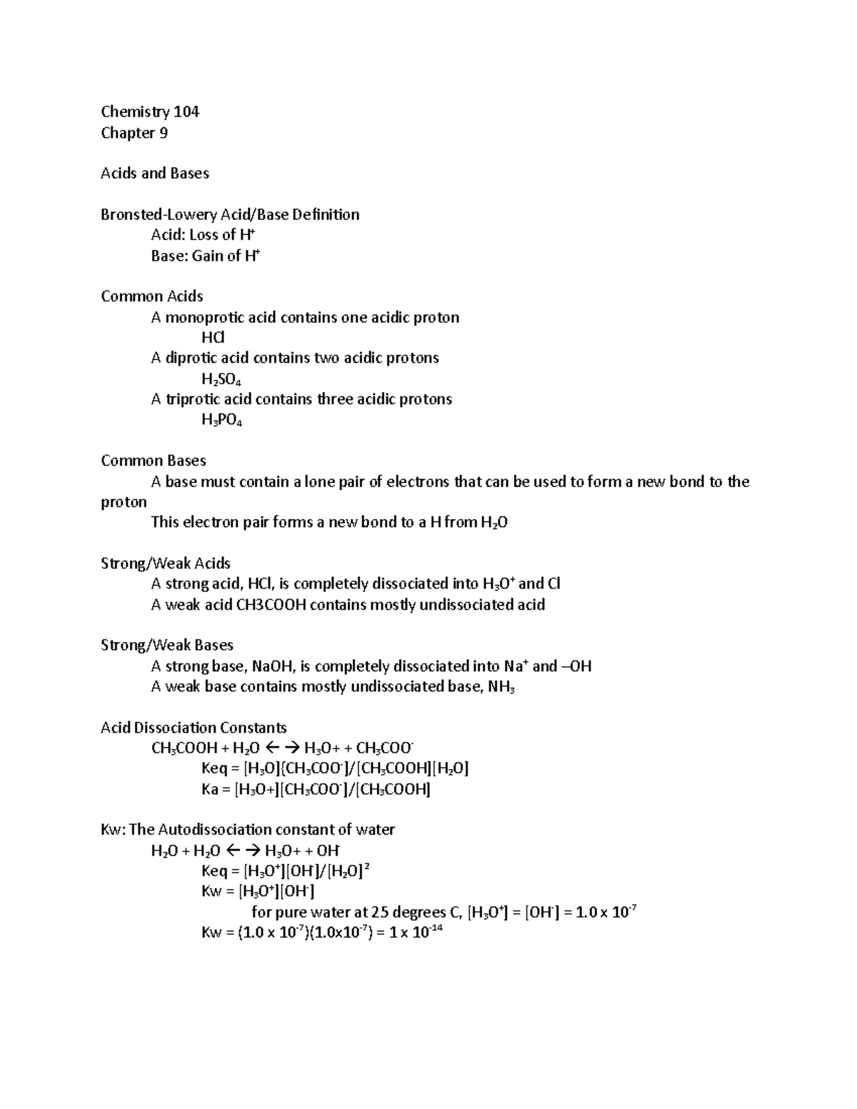 Chemistry 104 Chapter 9 - Chemistry 104 Chapter 9 Acids and Bases ...