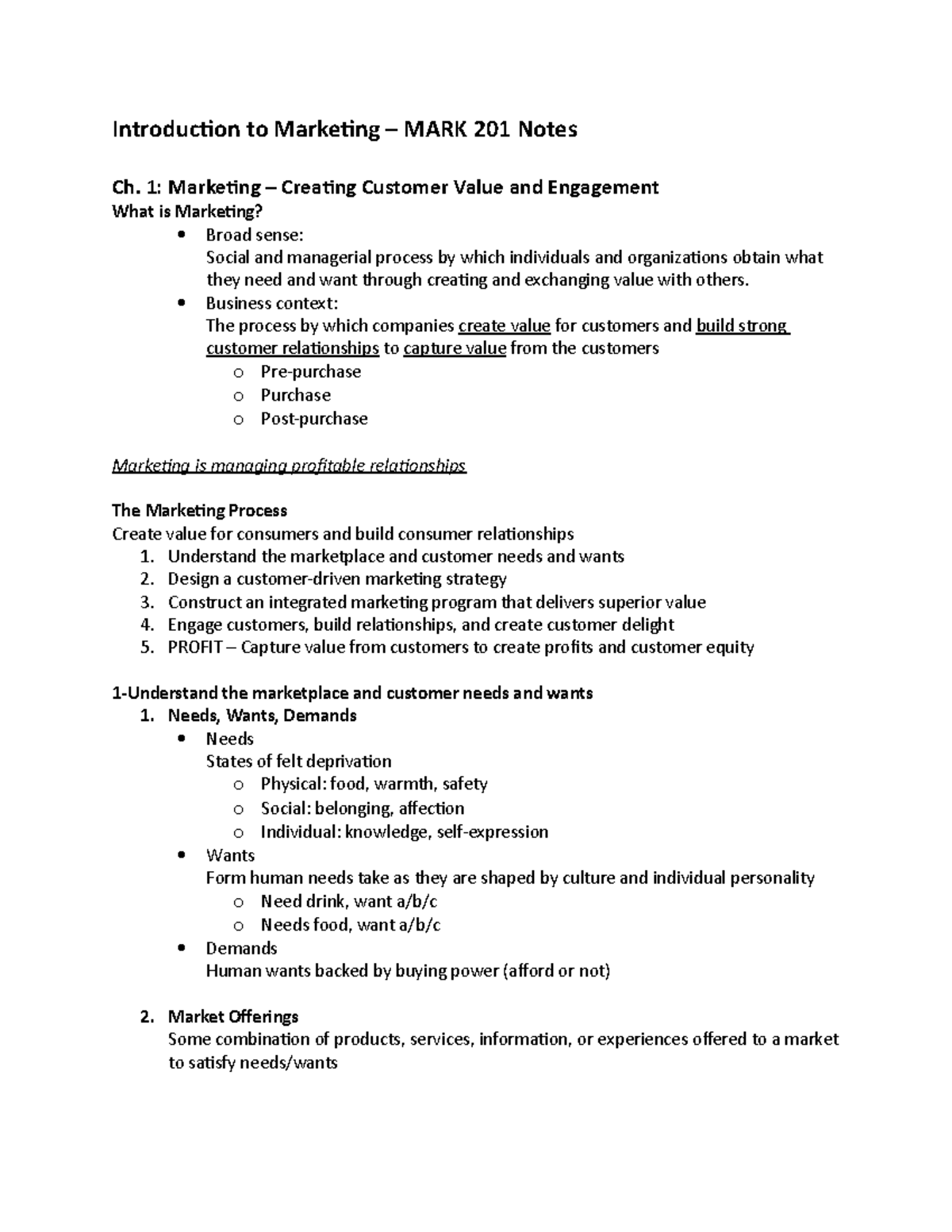 MARK 201 Notes - Introduction to Marketing – MARK 201 Notes Ch. 1 ...