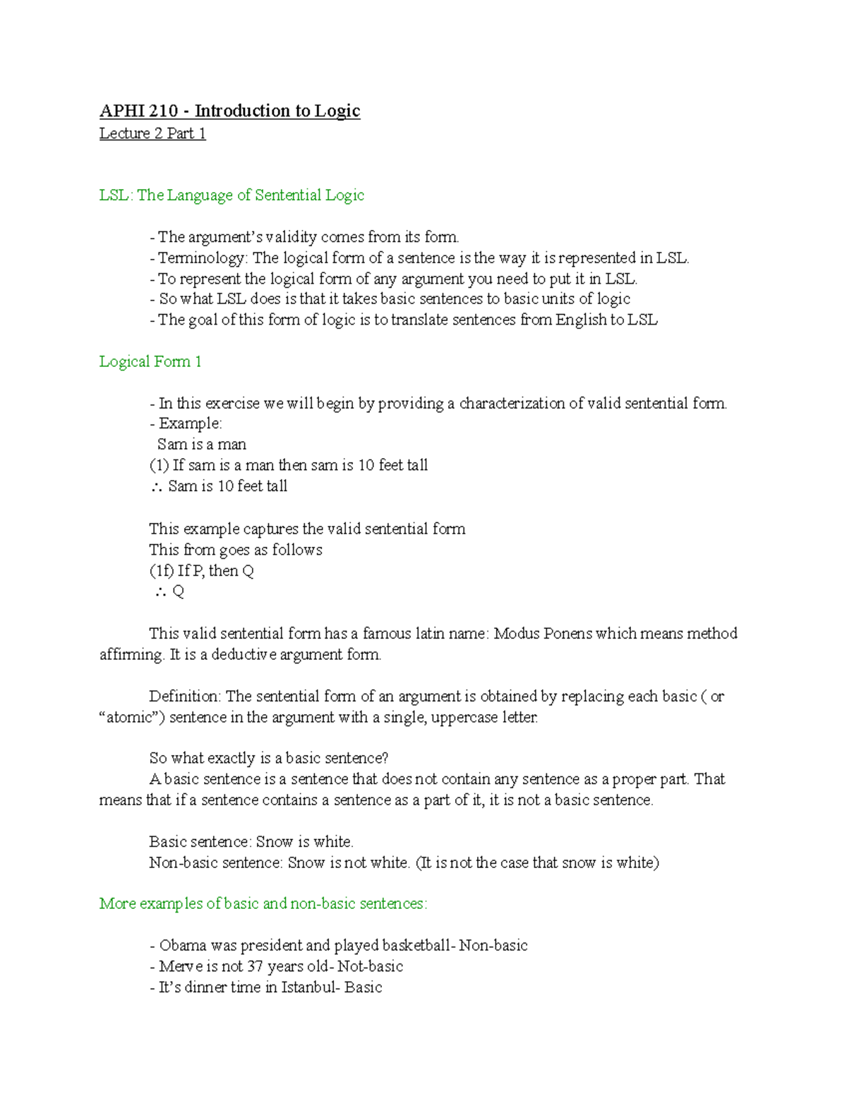 Logic Lecture 2 Notes Aphi 210 Introduction To Logic Lecture 2 Part 1 Lsl The Language Of