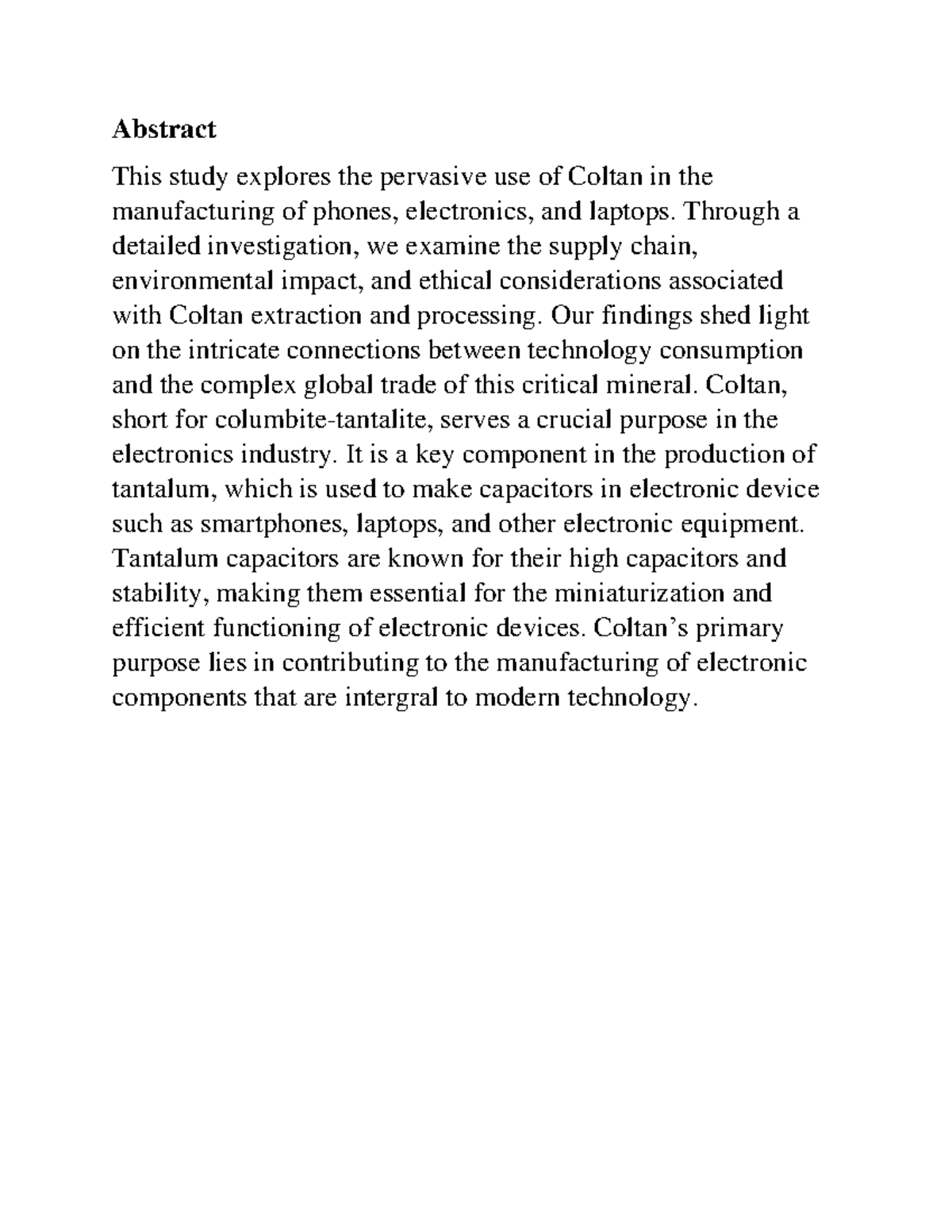 Abstract for a rearch in investigating ow coltan is used in production ...